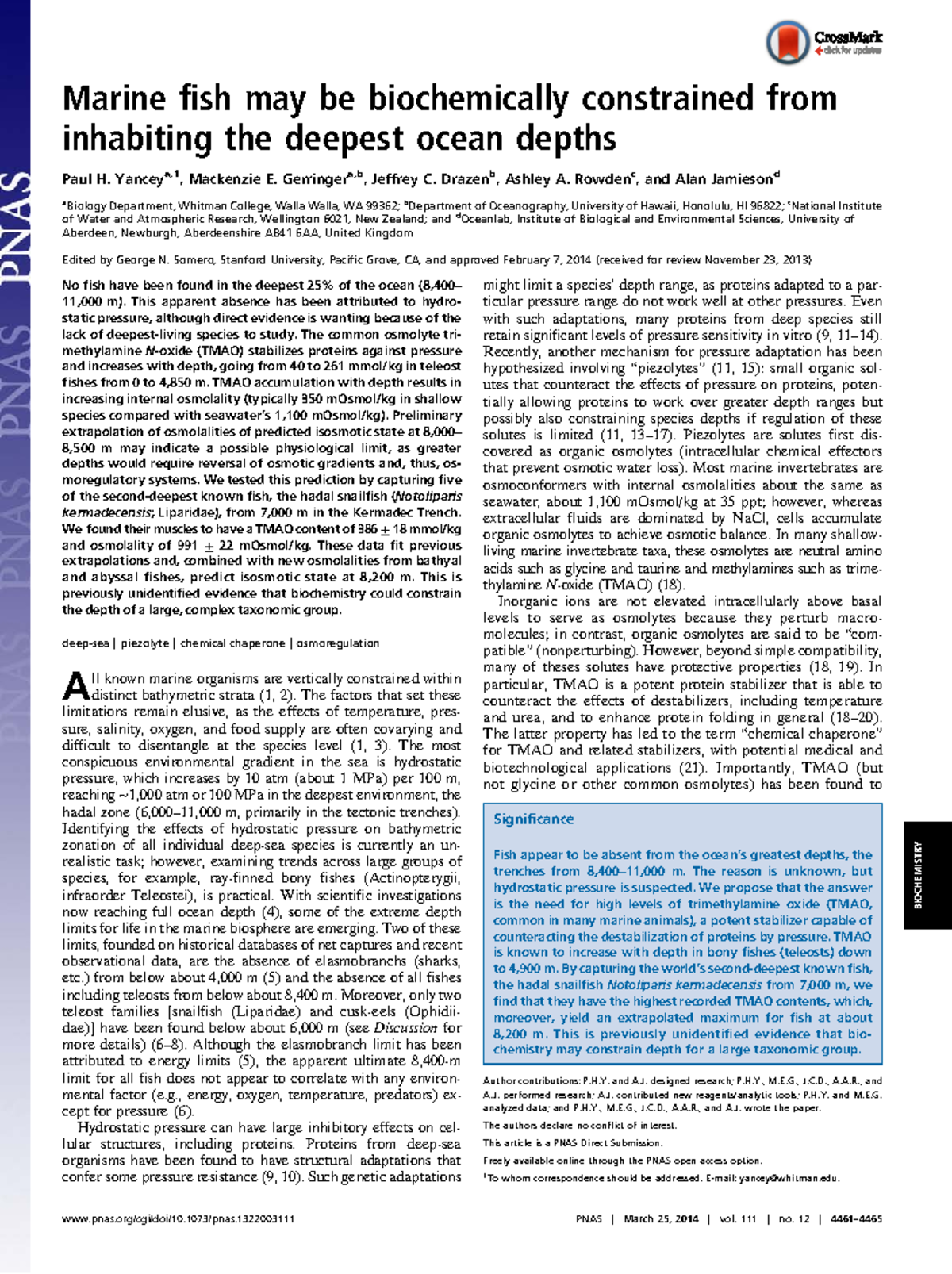 Yancey et al. 2014 - note - Marine fish may be biochemically ...