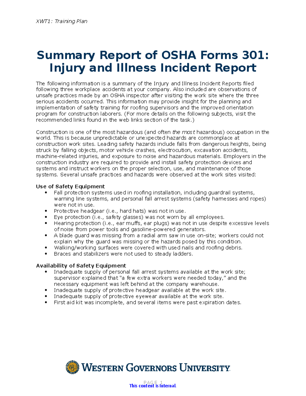 OSHA Incident Report SV4 - XWT1: Training Plan Summary Report of OSHA ...