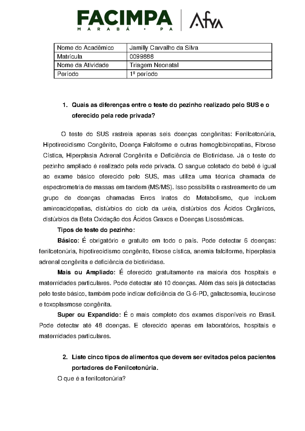 Triagem Neonatal - Resumo Sistemas Orgânicos Integrados - Nome do ...