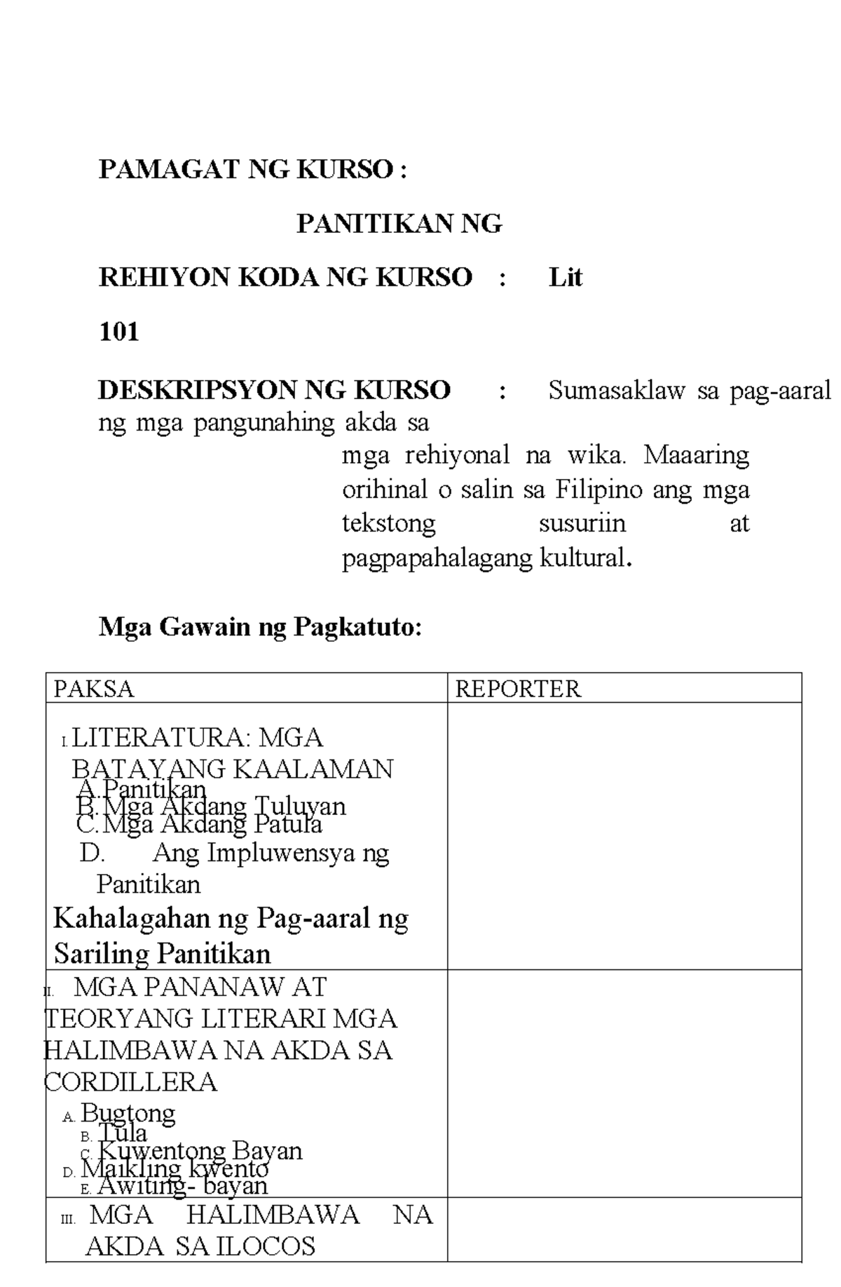 LIT101-1 - literary - PAMAGAT NG KURSO : PANITIKAN NG REHIYON KODA NG ...