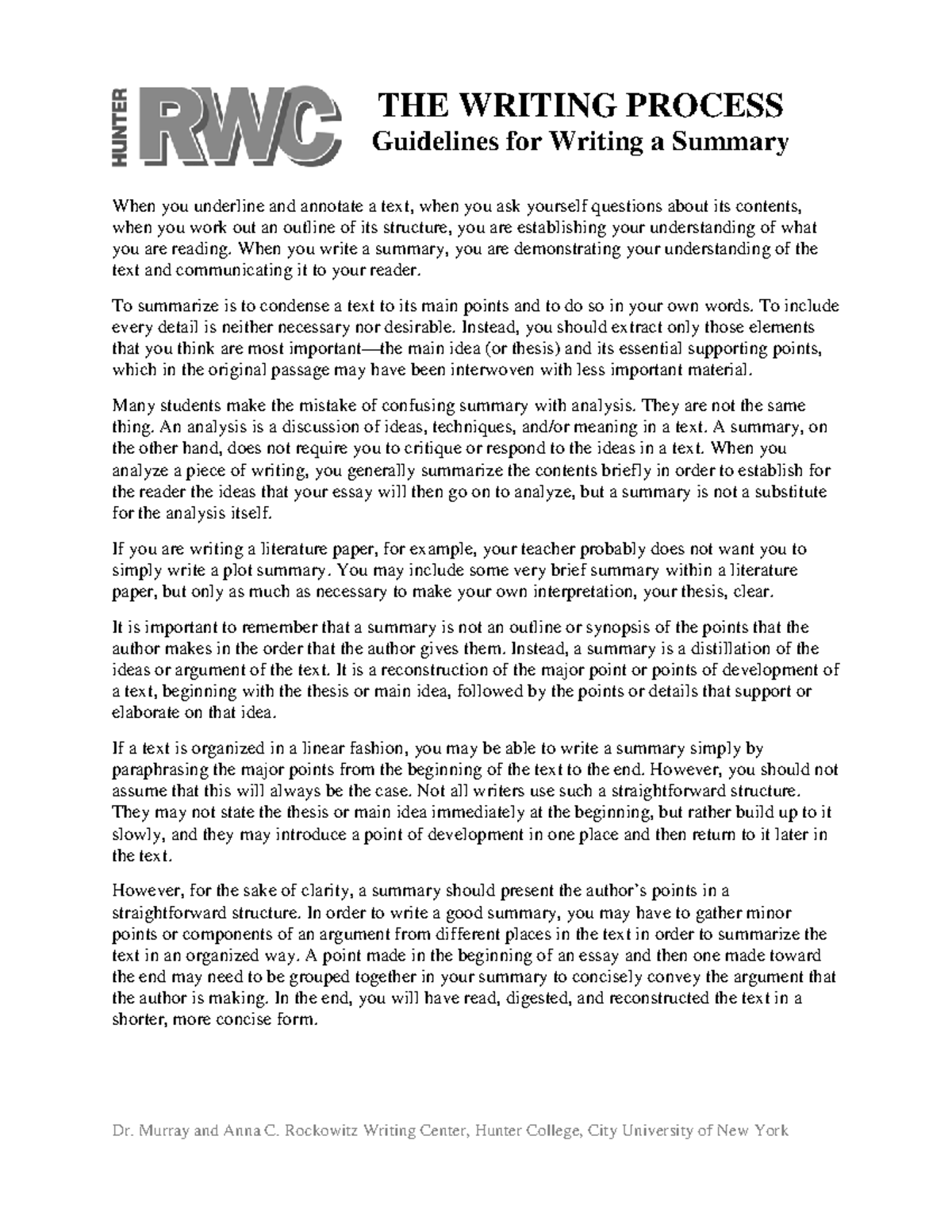 Guidelines for Writing a Summary - MCA 33304 - CCNY - Studocu