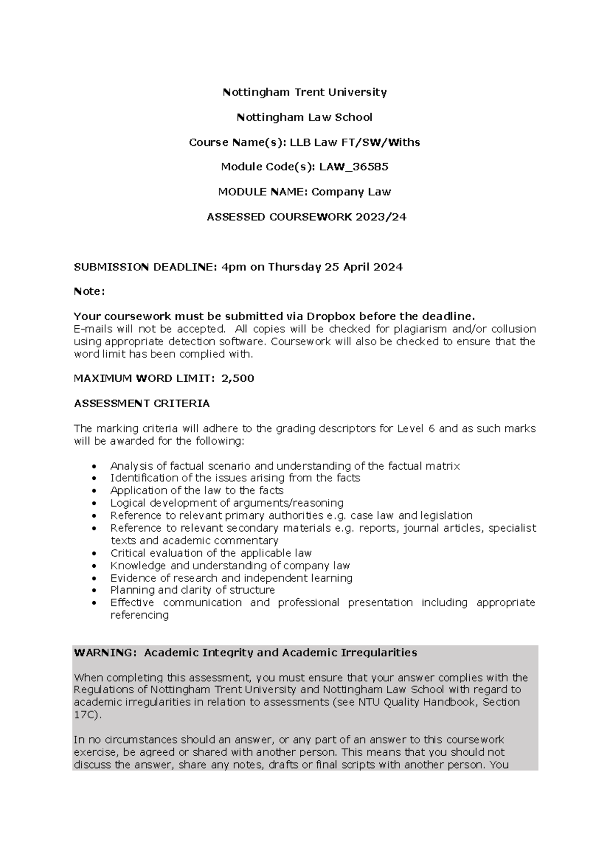 LAW 36585 Company Law Coursework April 2024 - Nottingham Trent ...
