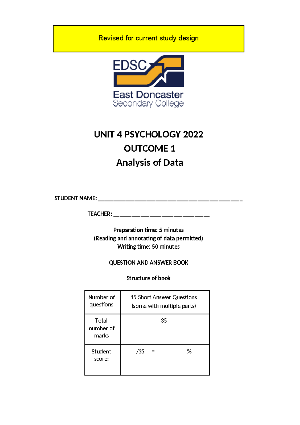 2022 Sleep data analysis SAC - UNIT 4 PSYCHOLOGY 2022 OUTCOME 1 ...