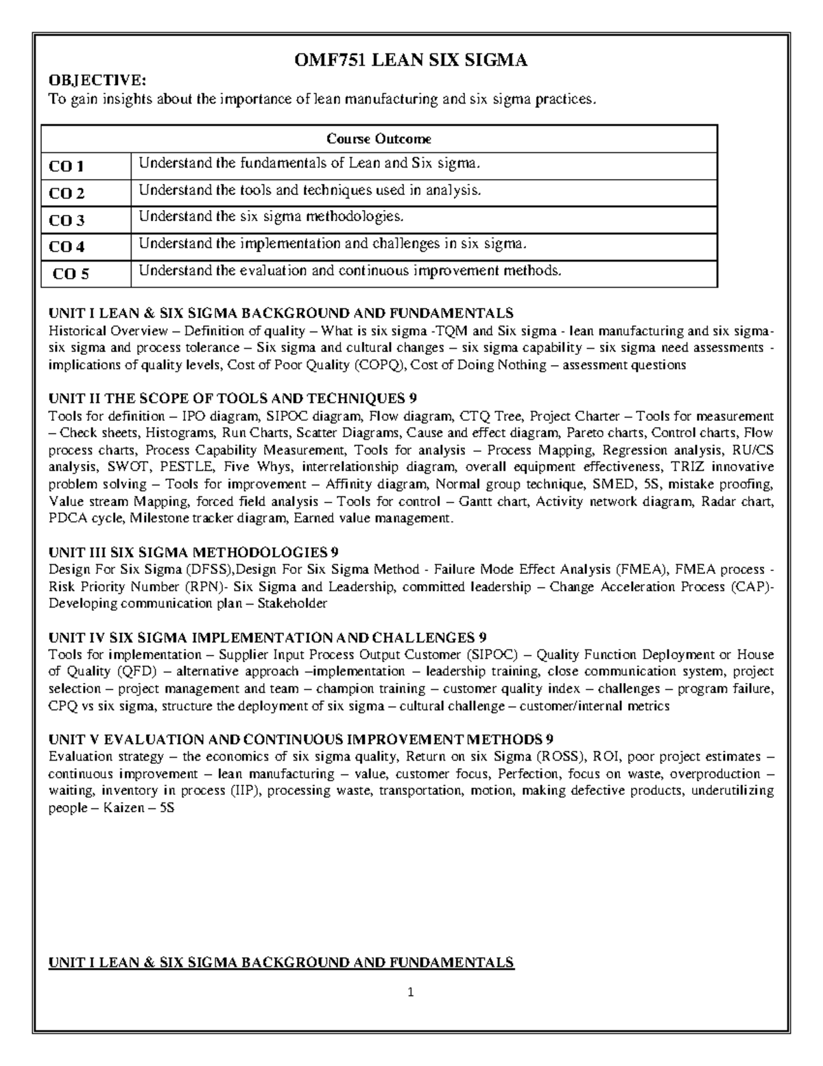 LSS U1 notes & Two Marks - useful - OMF751 LEAN SIX SIGMA OBJECTIVE: To ...
