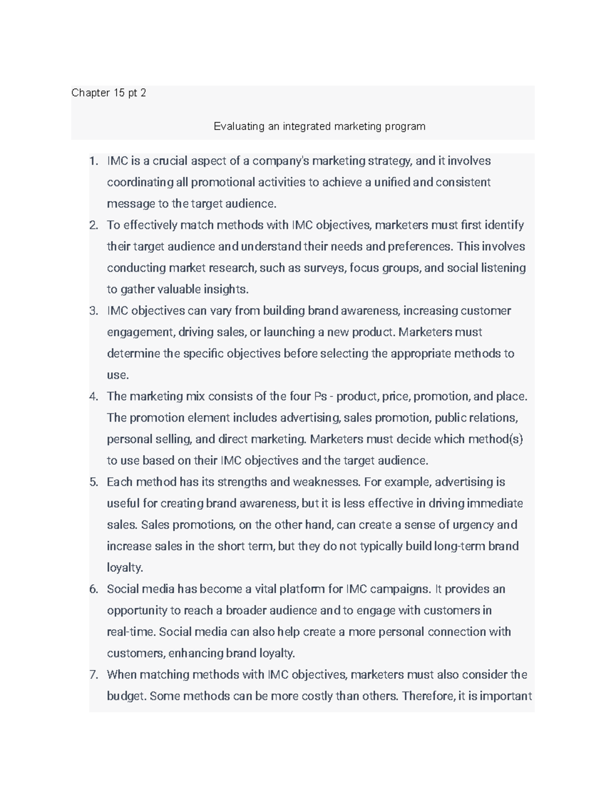 Mkt 348 notes chap 15 pt 2 - Chapter 15 pt 2 Evaluating an integrated ...