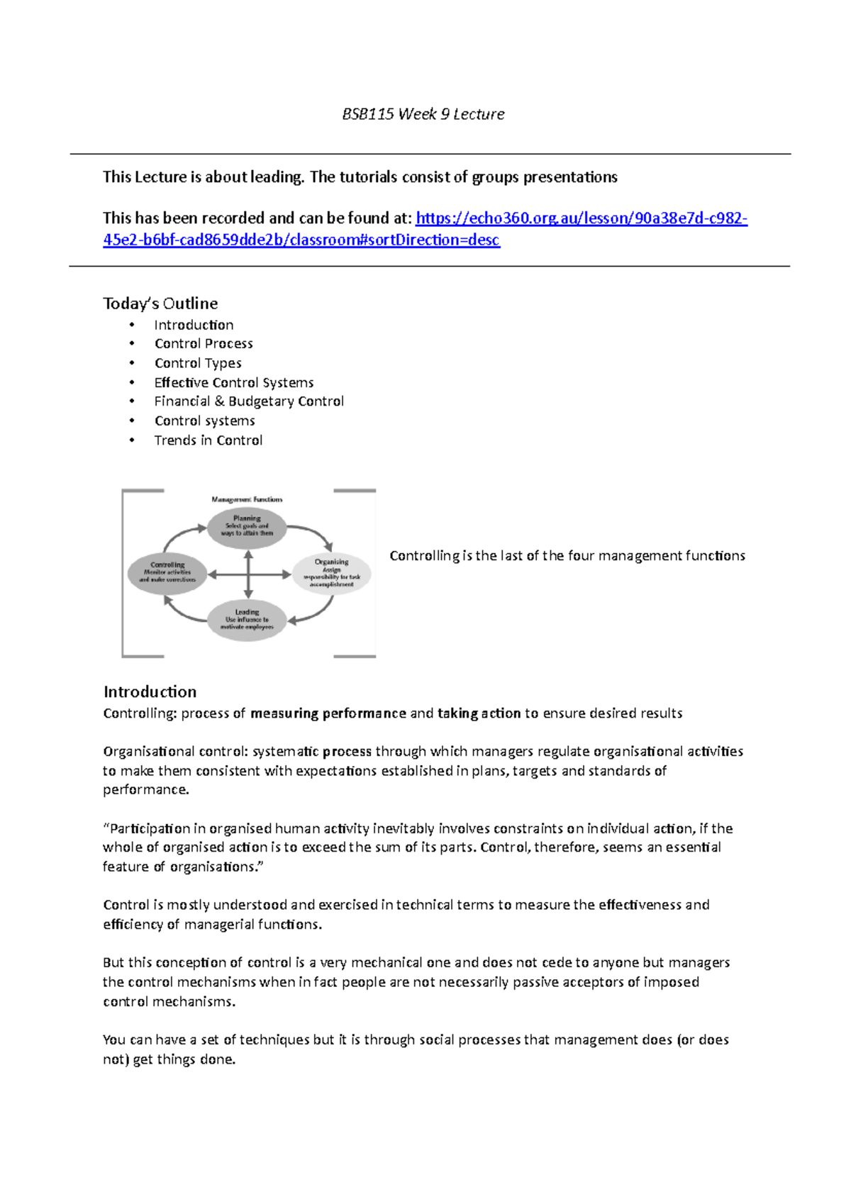 BSB115 Week 9 L - Lecture notes including PowerPoint from that week ...