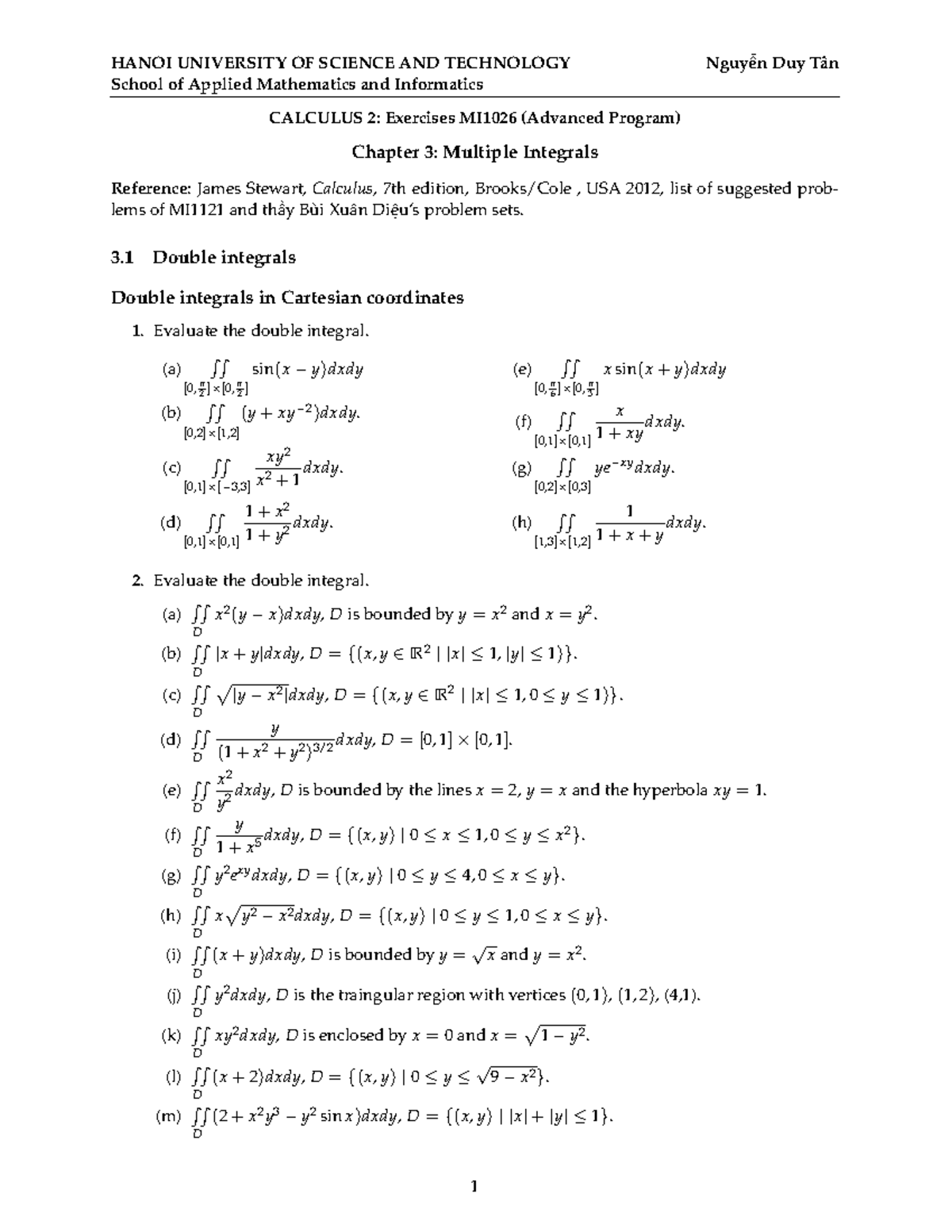 Calculus II Exercises 03 NDT - HANOI UNIVERSITY OF SCIENCE AND ...