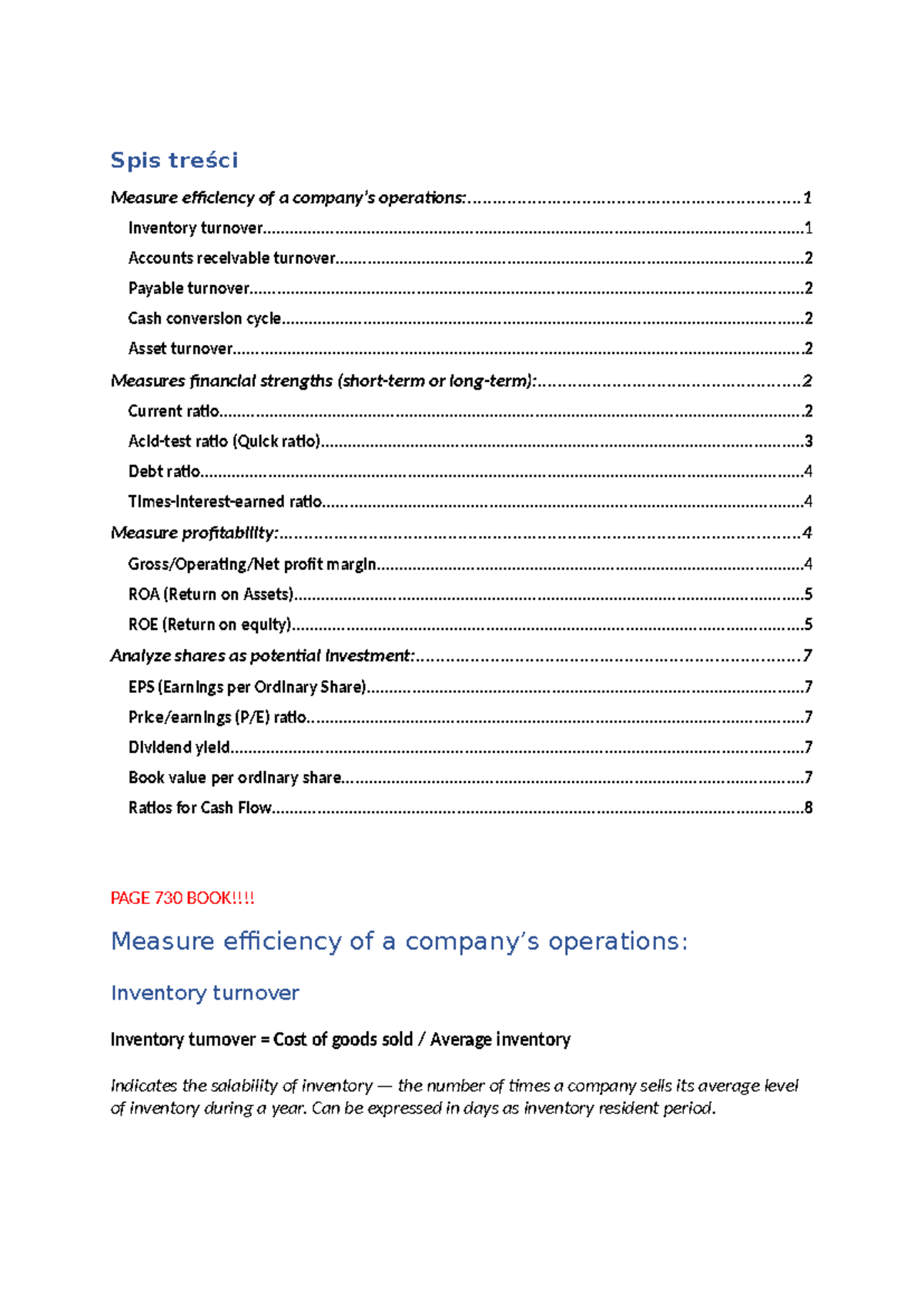 FA Formulas - Spis treści Measure efficiency of a company’s - Studocu