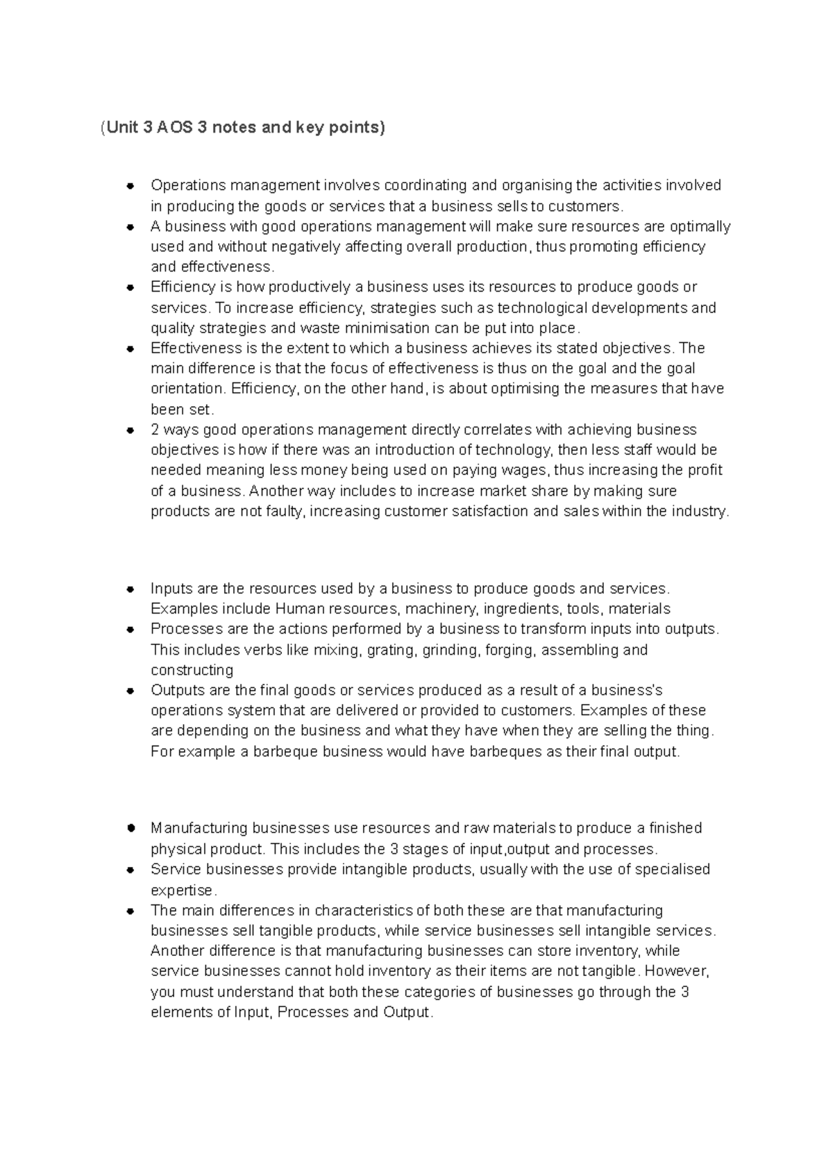 Business management - (Unit 3 AOS 3 notes and key points) Operations ...