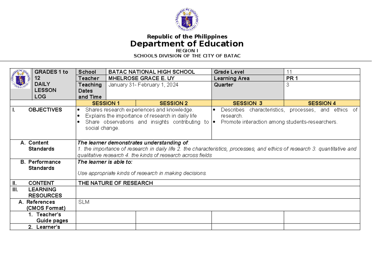 Pr1 dll Lesson plan - Department of Education REGION I SCHOOLS DIVISION ...