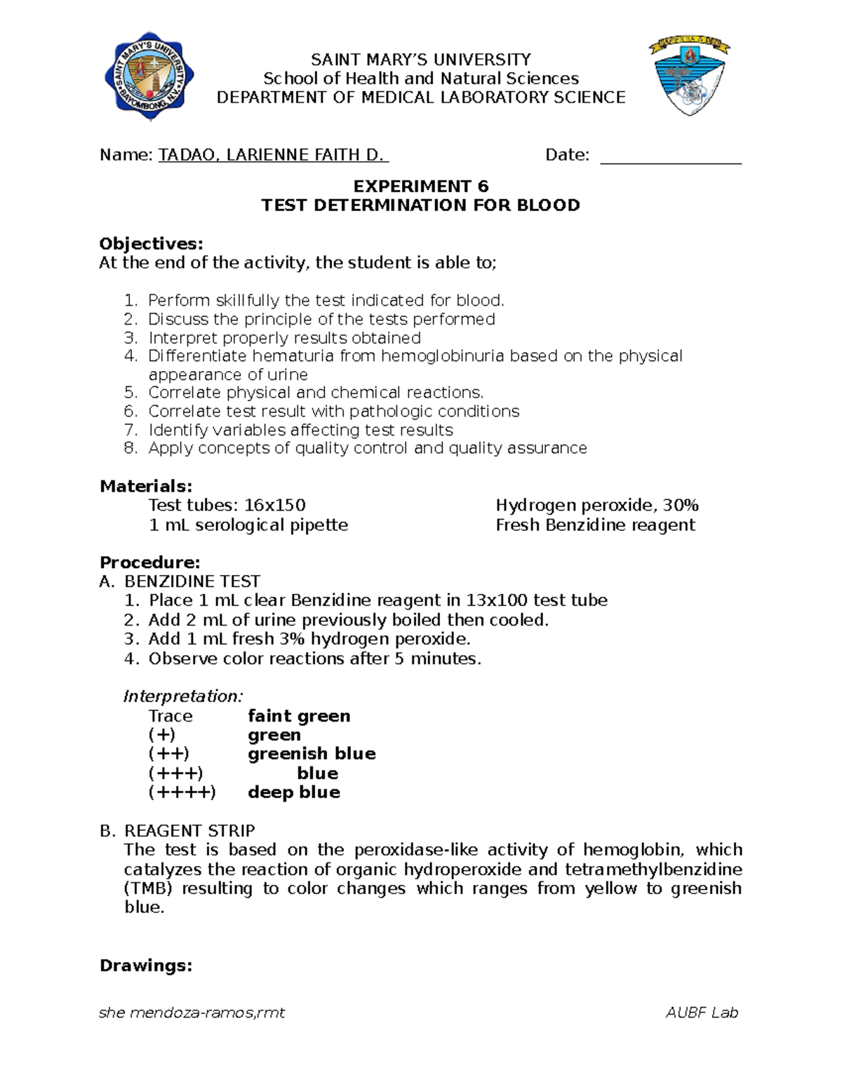 AUBF EXP 6 Test Determination for Blood - SAINT MARY’S UNIVERSITY ...