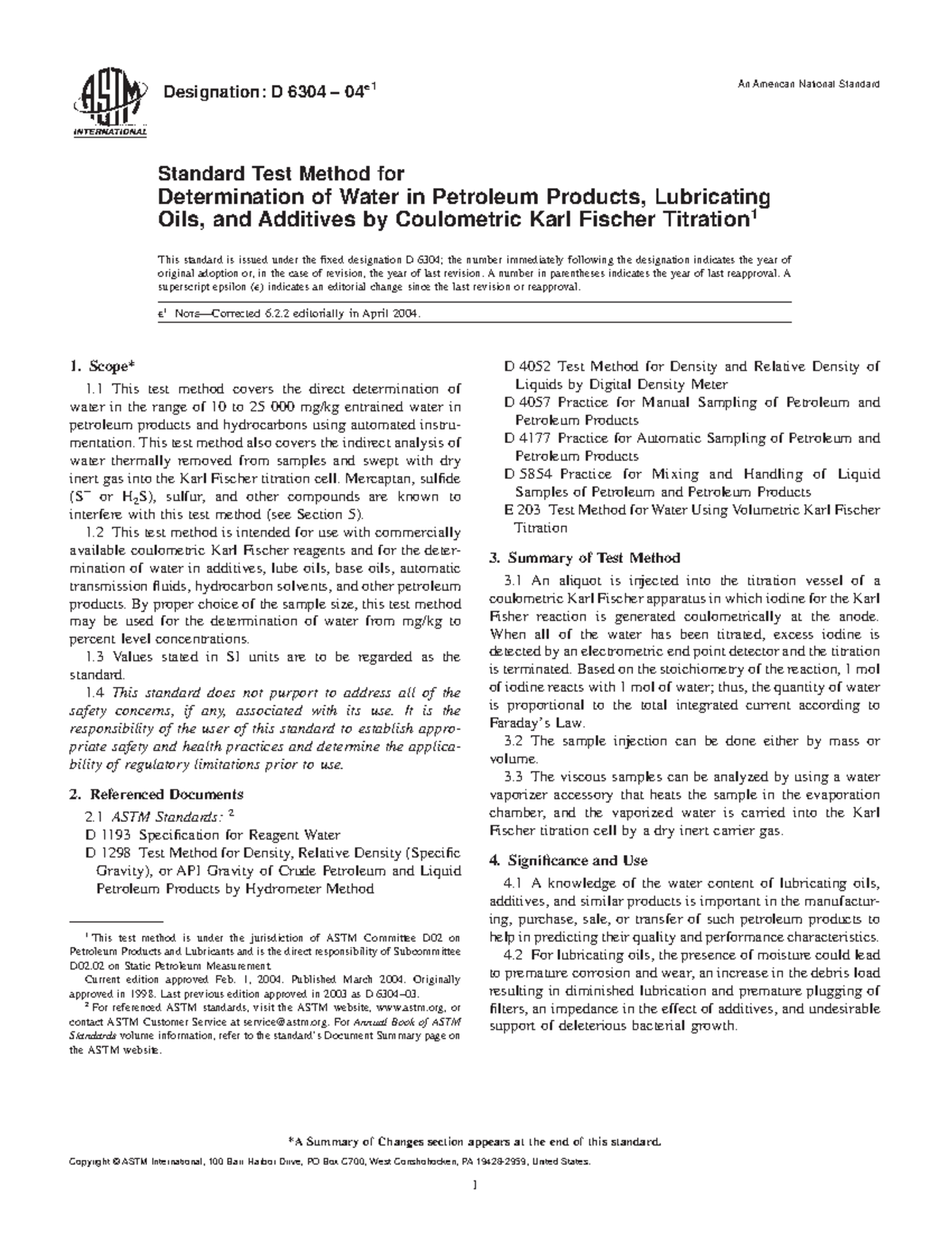 ASTM D 6304 - Karl Fischer - Designation: D 6304 – 04e 1 An American ...