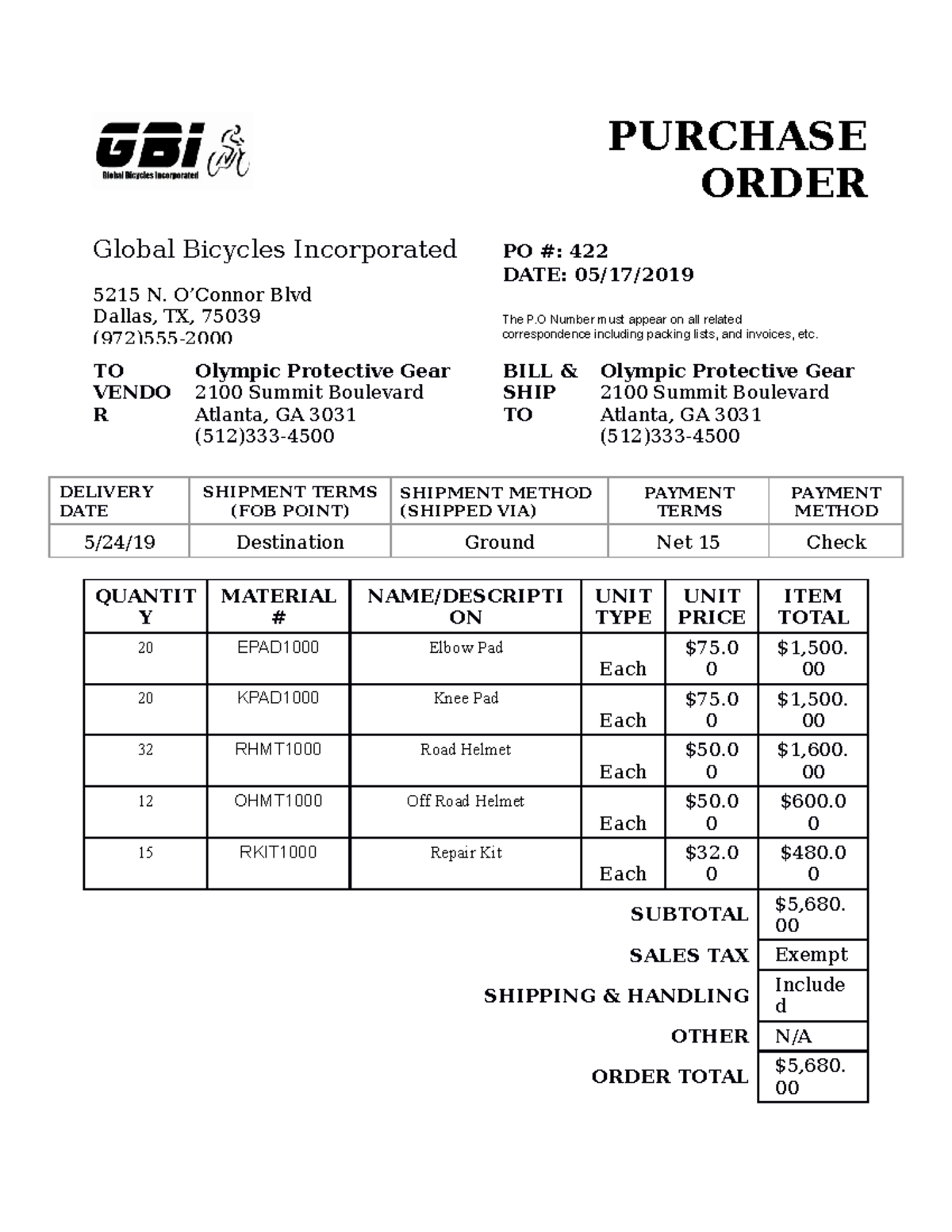 Purchase Order (Doc #8) - PURCHASE ORDER Global Bicycles Incorporated ...