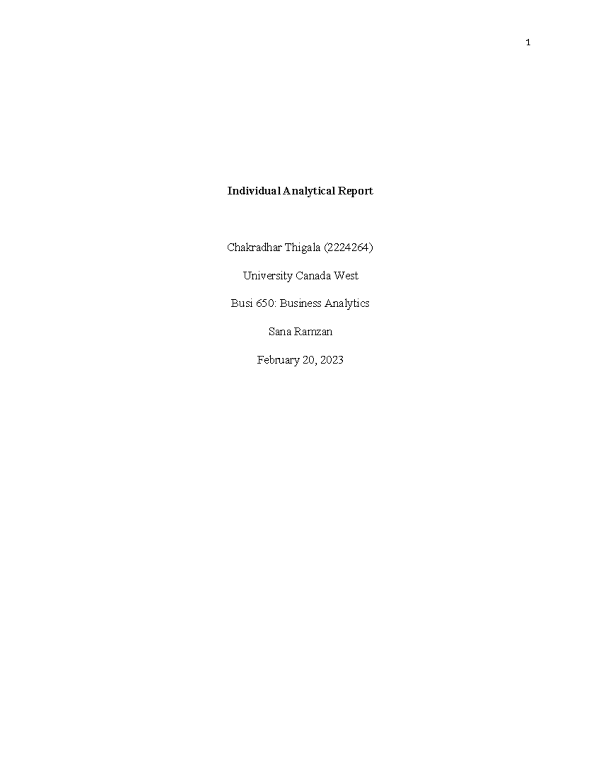 Chakri analytical report - Individual Analytical Report Chakradhar Thigala (2224264) University ...