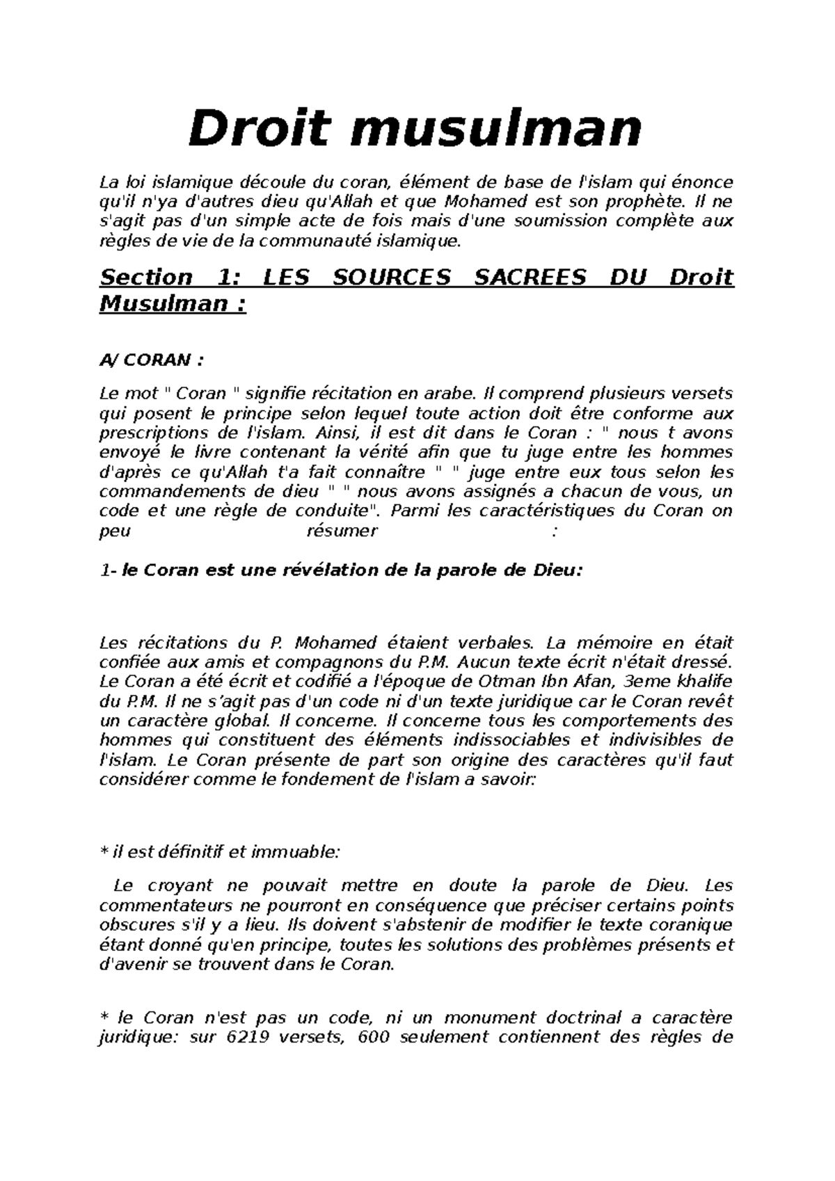 Cours du Droit Musulman - Droit musulman La loi islamique découle du ...