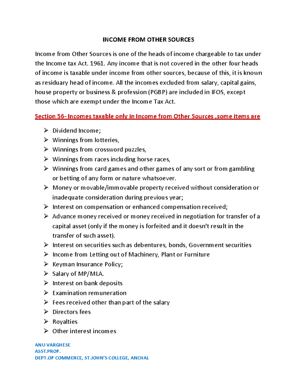 Income FROM Other Sources Notes - ANU VARGHESE ASST. INCOME FROM OTHER ...