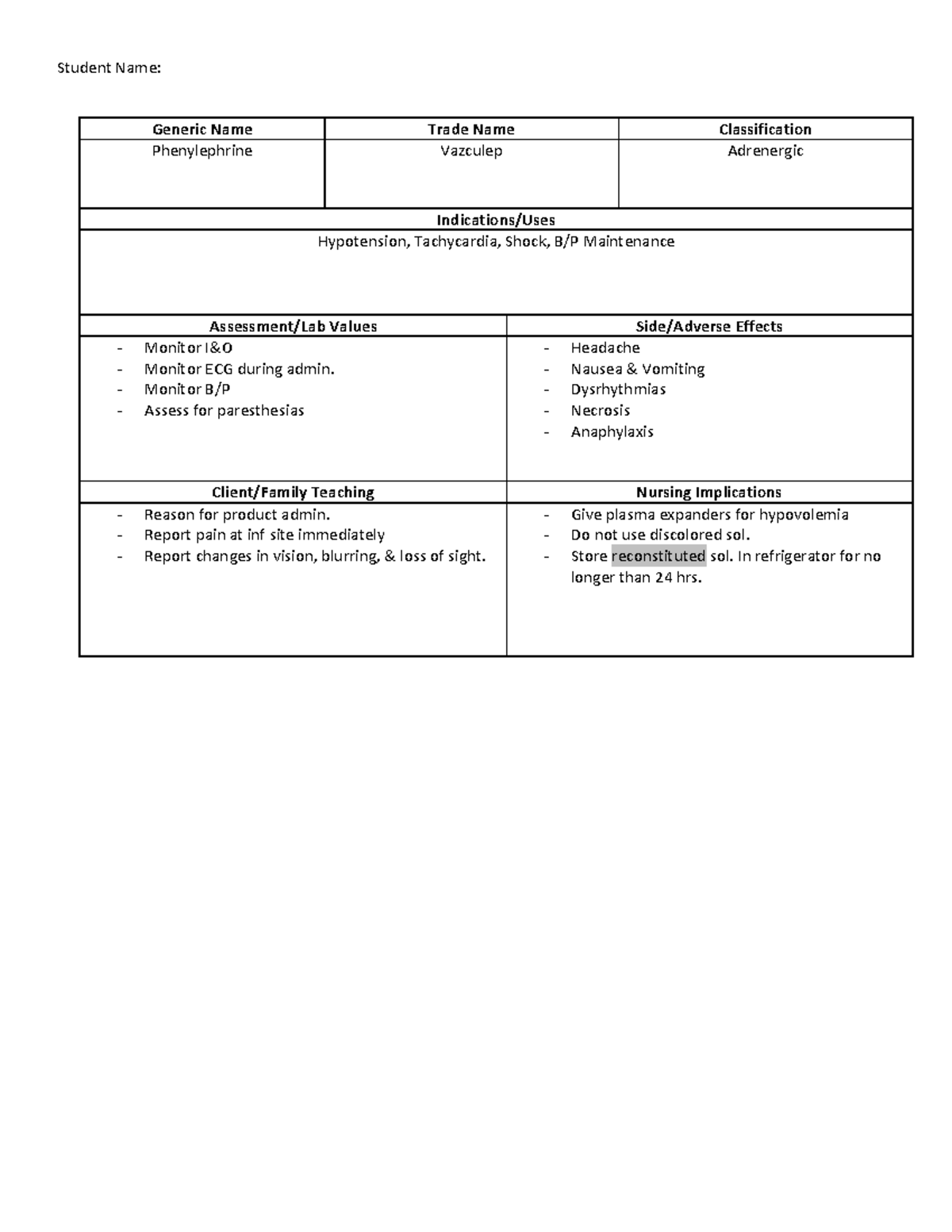 Phenylephrine Drug Card - Student Name: Generic Name Trade Name ...