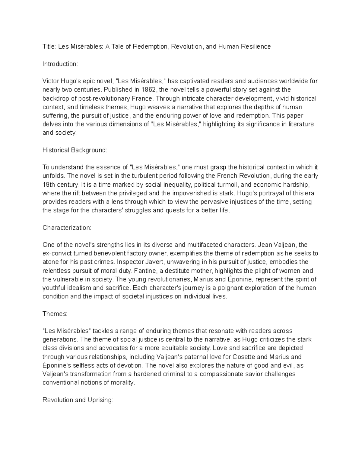 Eng lesmiserables - English assignment on les miserables analysis ...