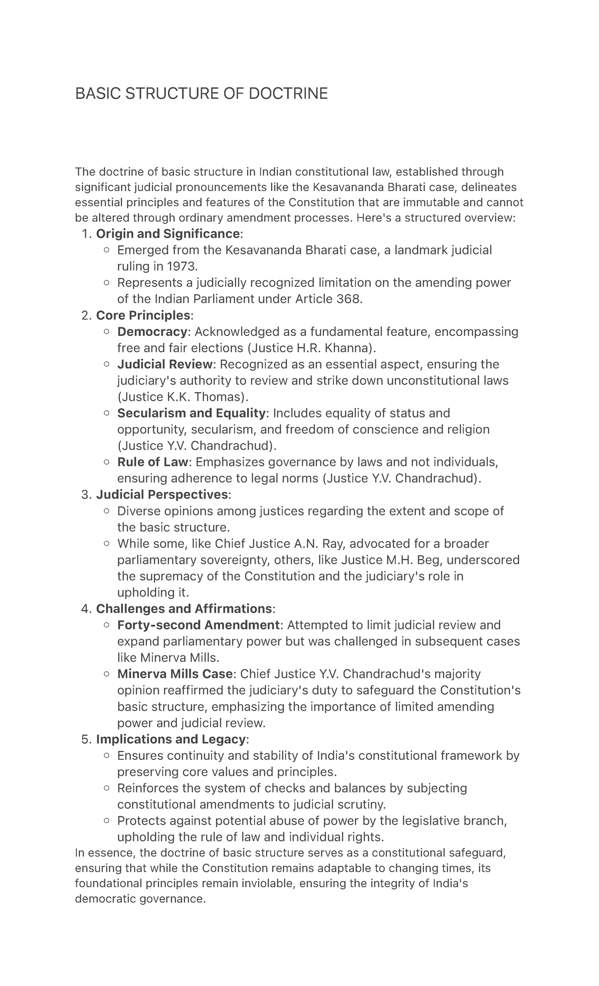 Basic Structure OF Doctrine - 1. 2. 3. 4. 5. BASIC STRUCTURE OF DOCTRINE - Studocu