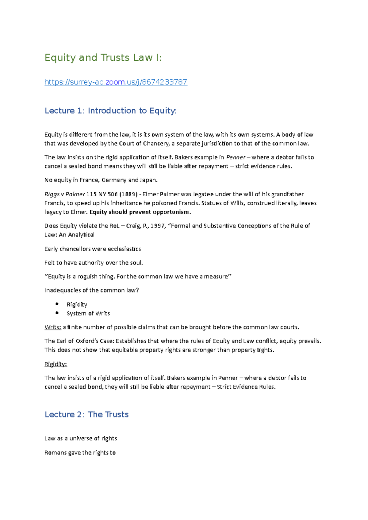 Equity and Trusts Law I Lecture - Equity and Trusts Law I: surrey-ac.zoom/j/ Lecture 1 ...