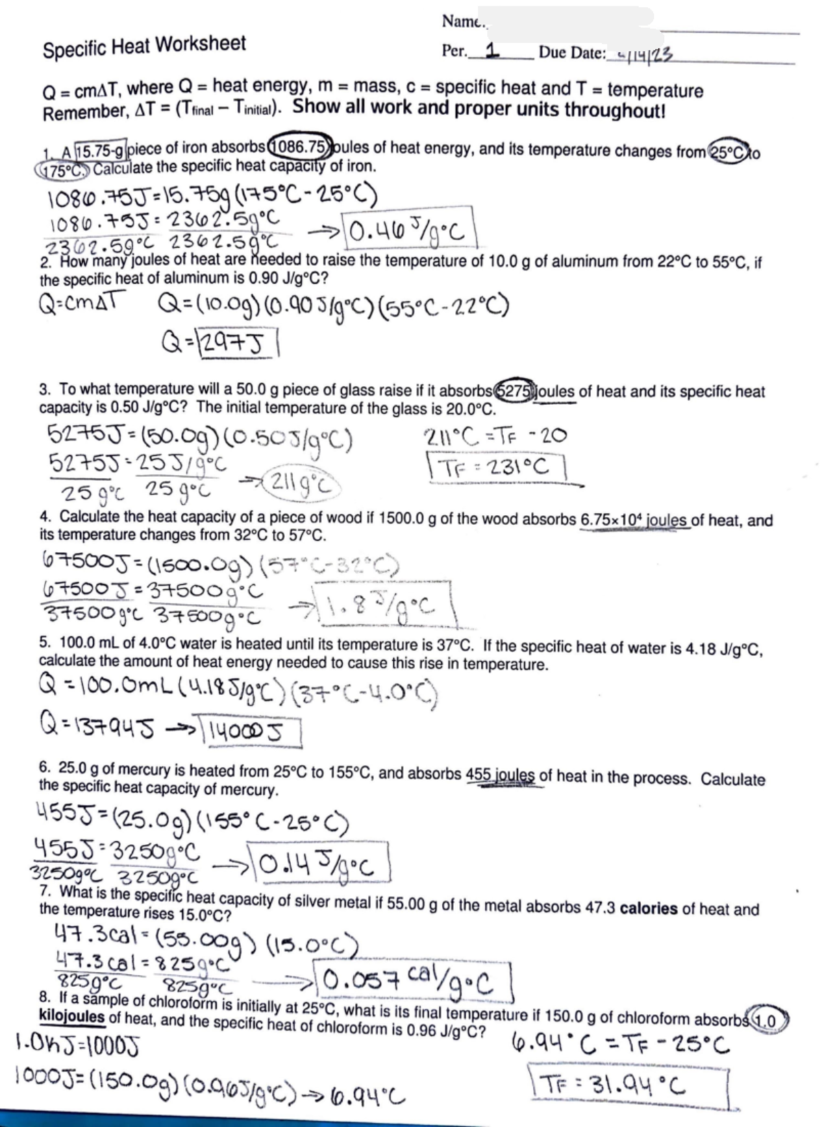 Specific Heat Worksheet - Name: J?i~ LEE Jo ,Vt;S Specific Heat ...