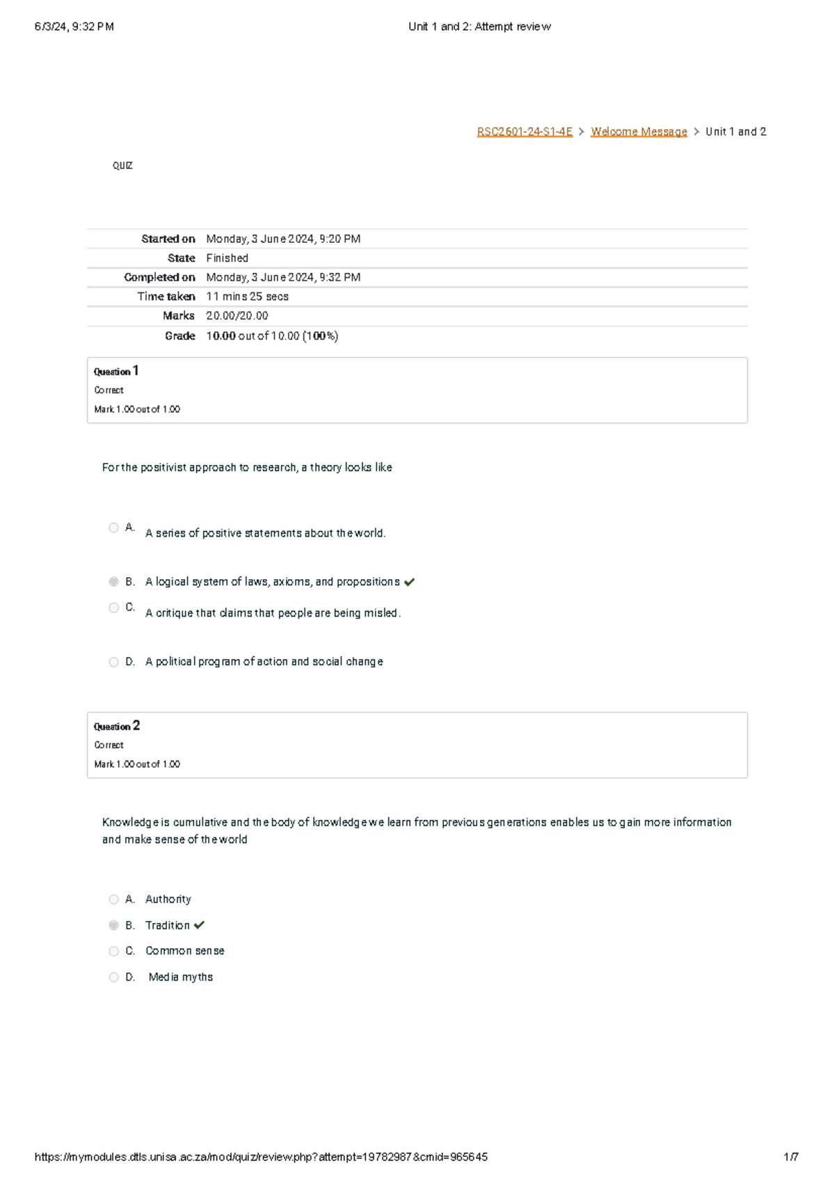 Unit 1 and 2 Attempt review - RSC2601-24-S1-4E Welcome Message Unit 1 ...