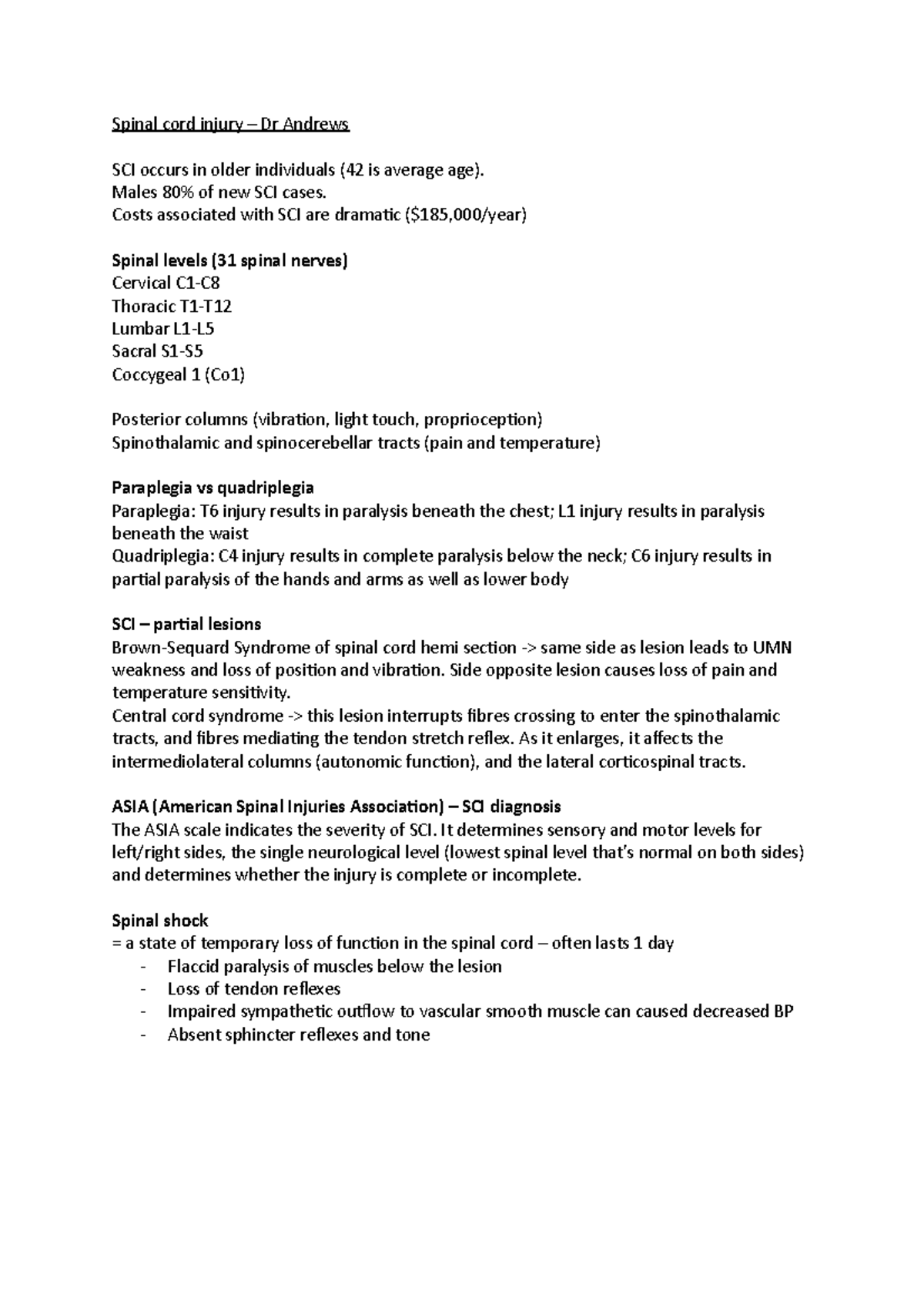 Spinal cord injury - Neurodegenerative Diseases Lecture notes. - Spinal ...