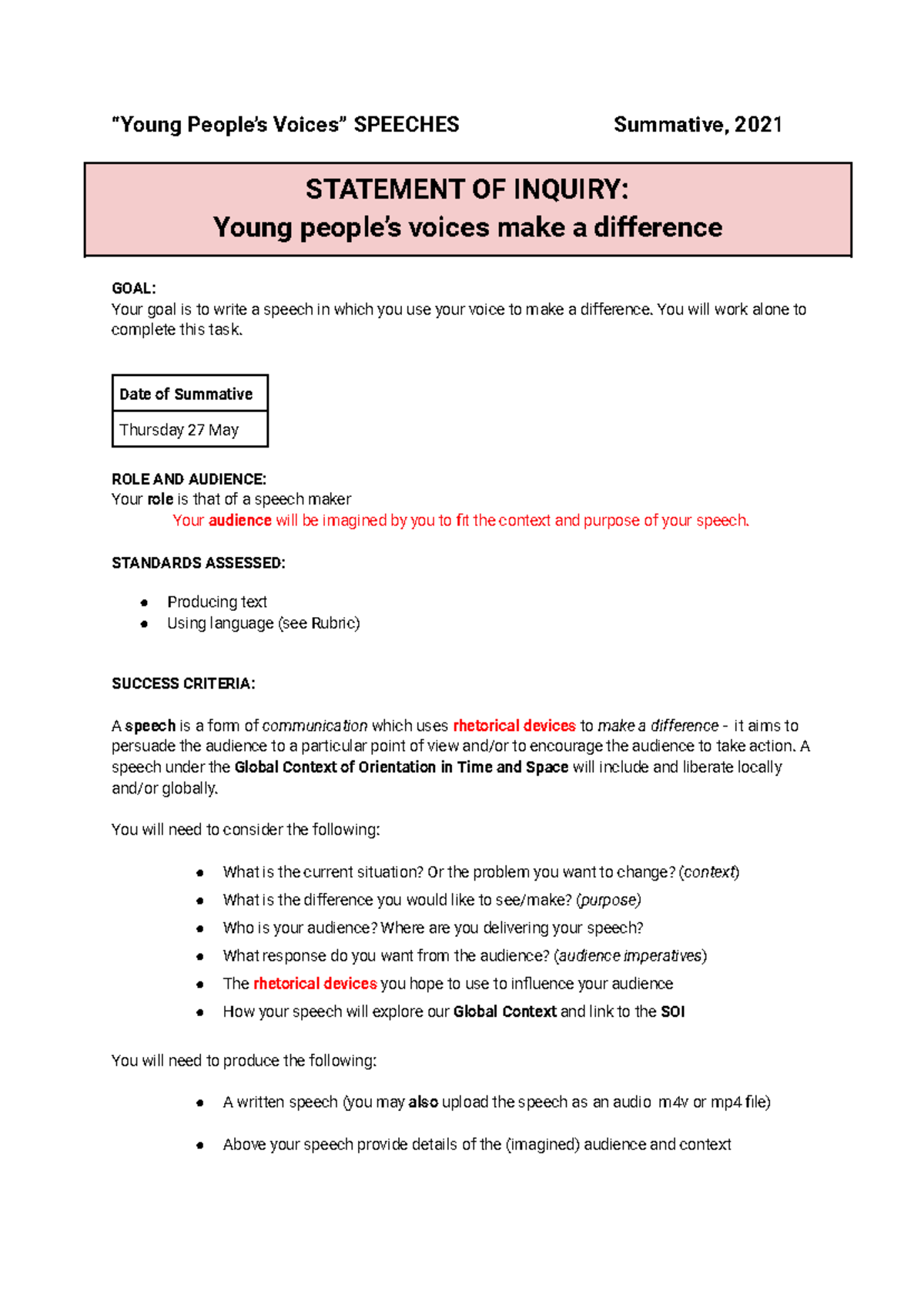 Speech SA 2021 1 - “Young People’s Voices” SPEECHES Summative, 2021 ...