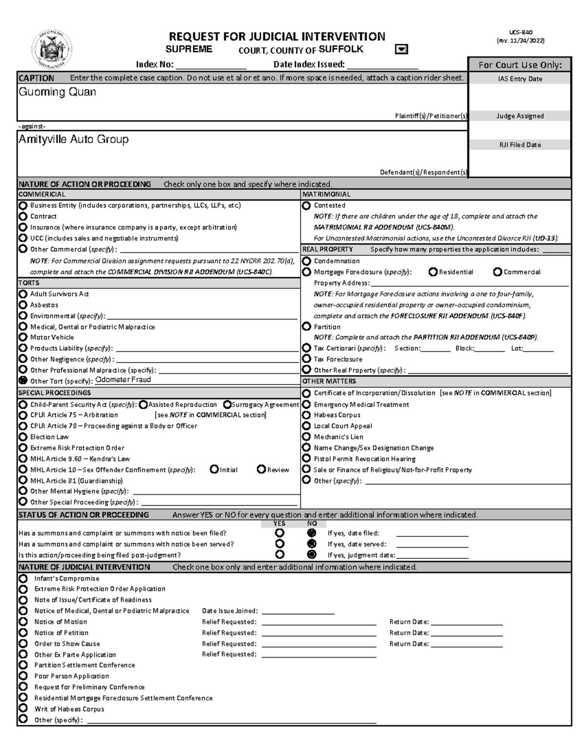 RJI form - RJI form - REQUEST FOR JUDICIAL INTERVENTION ...