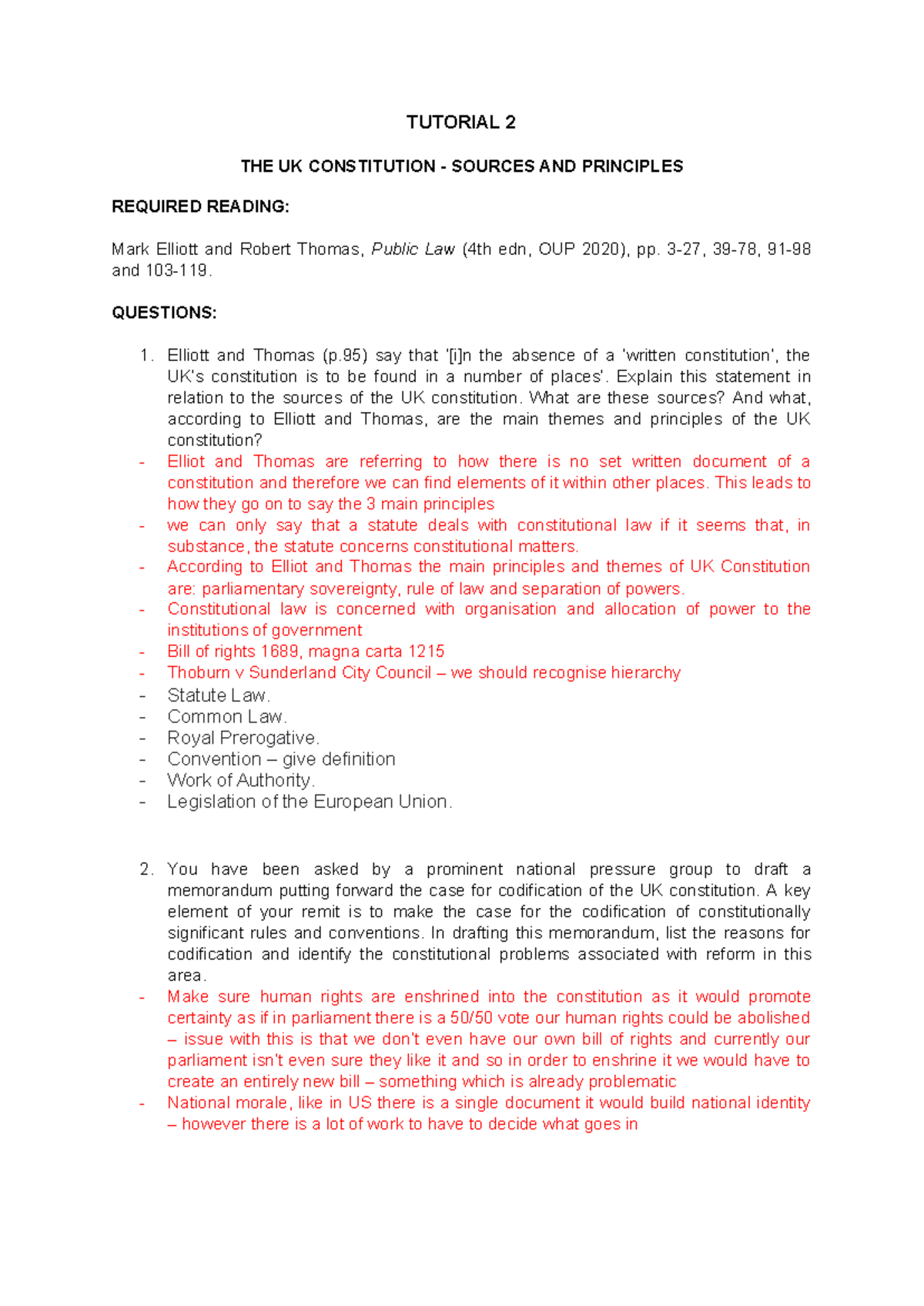 Tutorial 2 - TUTORIAL 2 THE UK CONSTITUTION - SOURCES AND PRINCIPLES ...