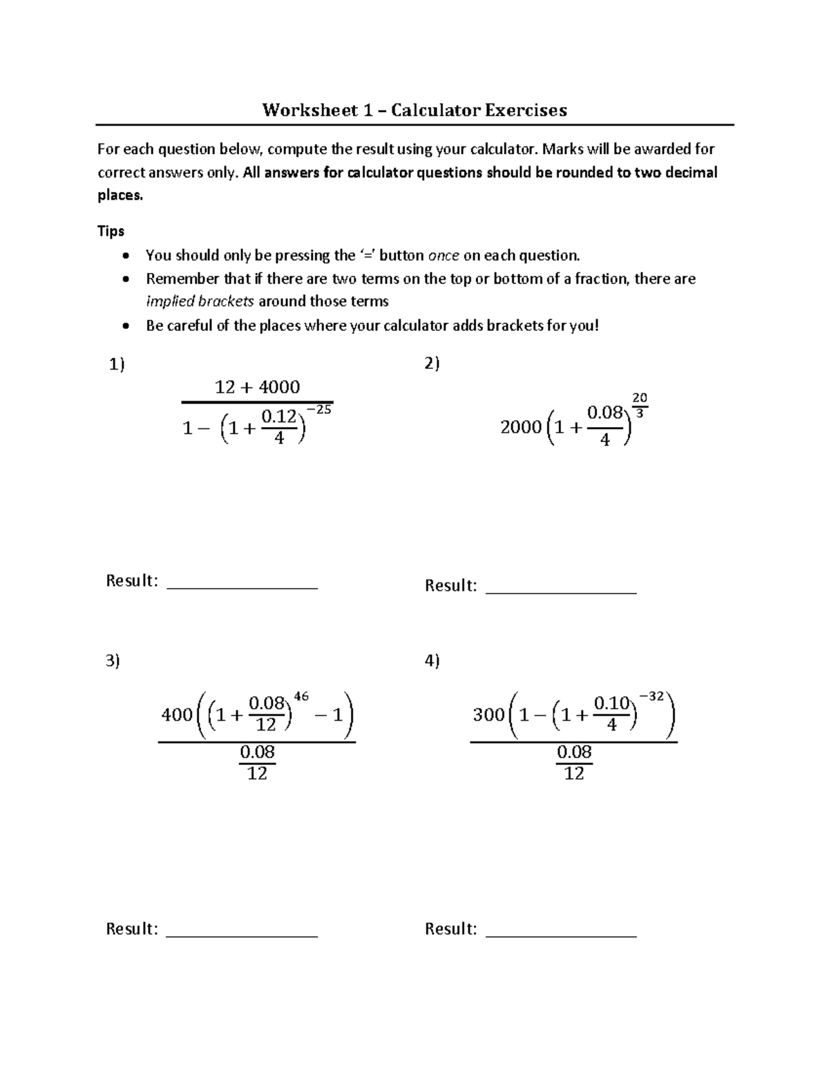 Worksheets - Week 5 - 1 Calculator Exercises - Worksheet 1 – Calculator ...