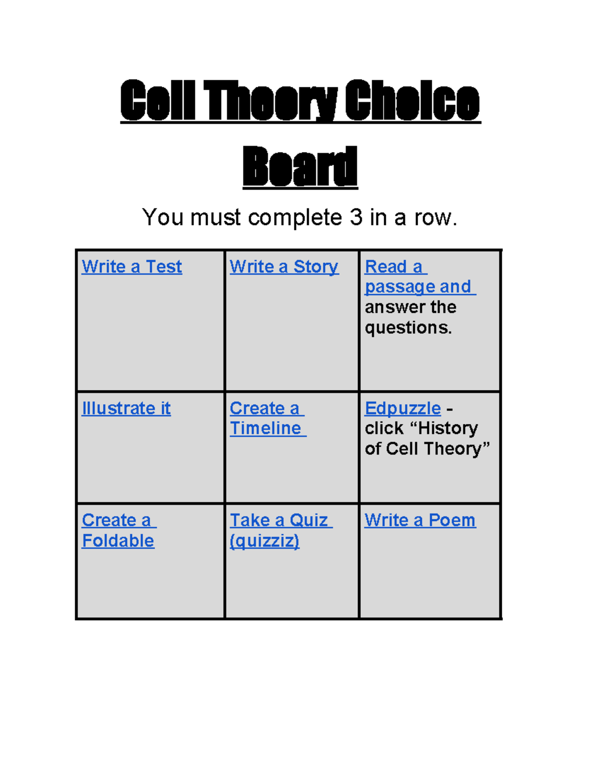 Cell Theory Choice Board-1 - Cell Theory Choice Board You must complete ...