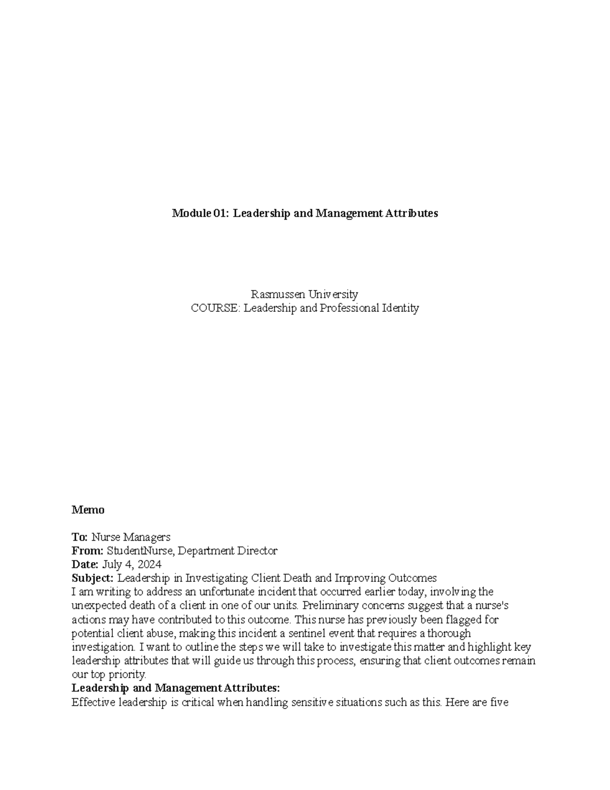 Module 01 MEMO - MEMO from management - Module 01: Leadership and ...