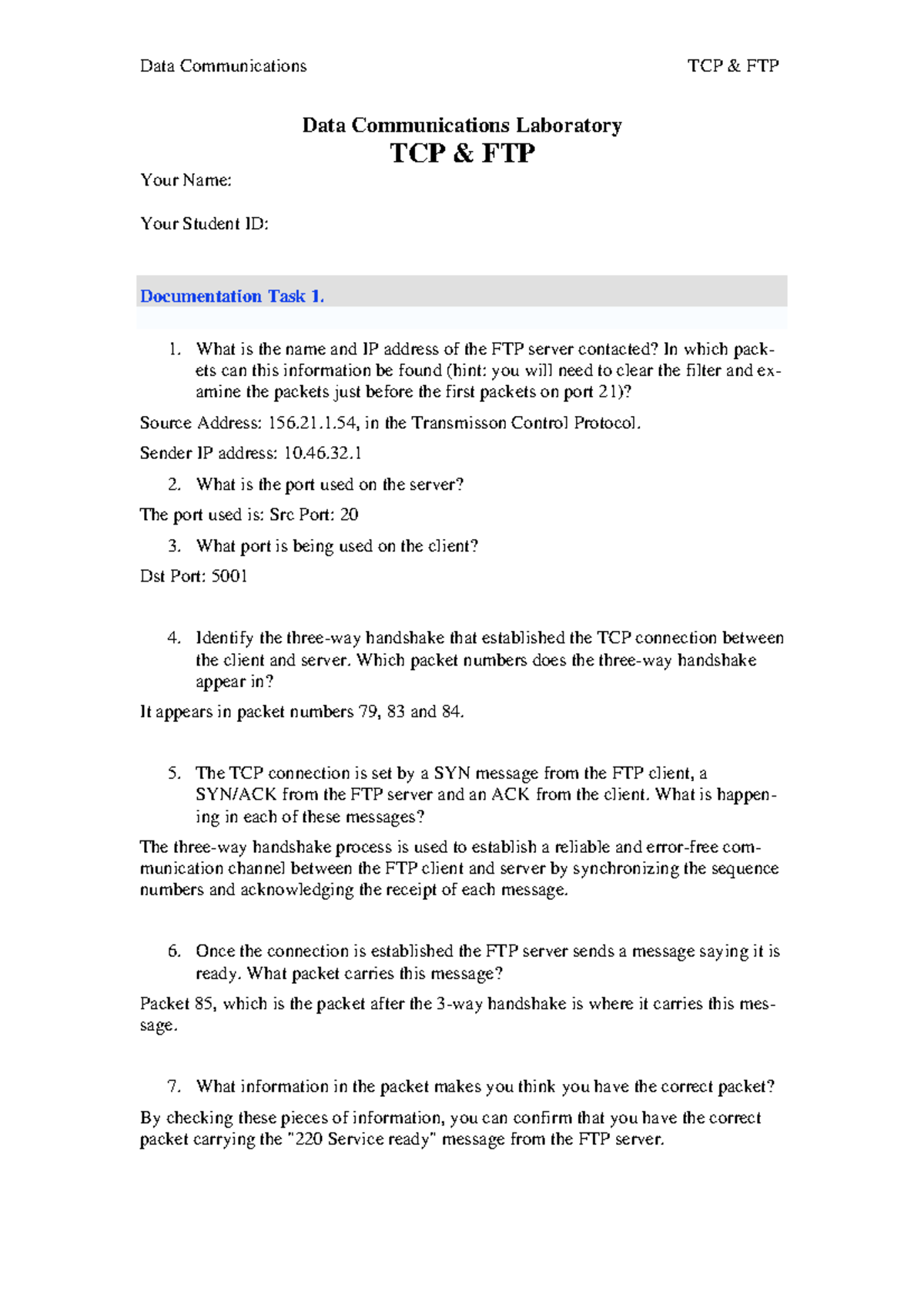 Practical Transport Layer Documentation Template Data Communications Laboratory Tcp And Ftp