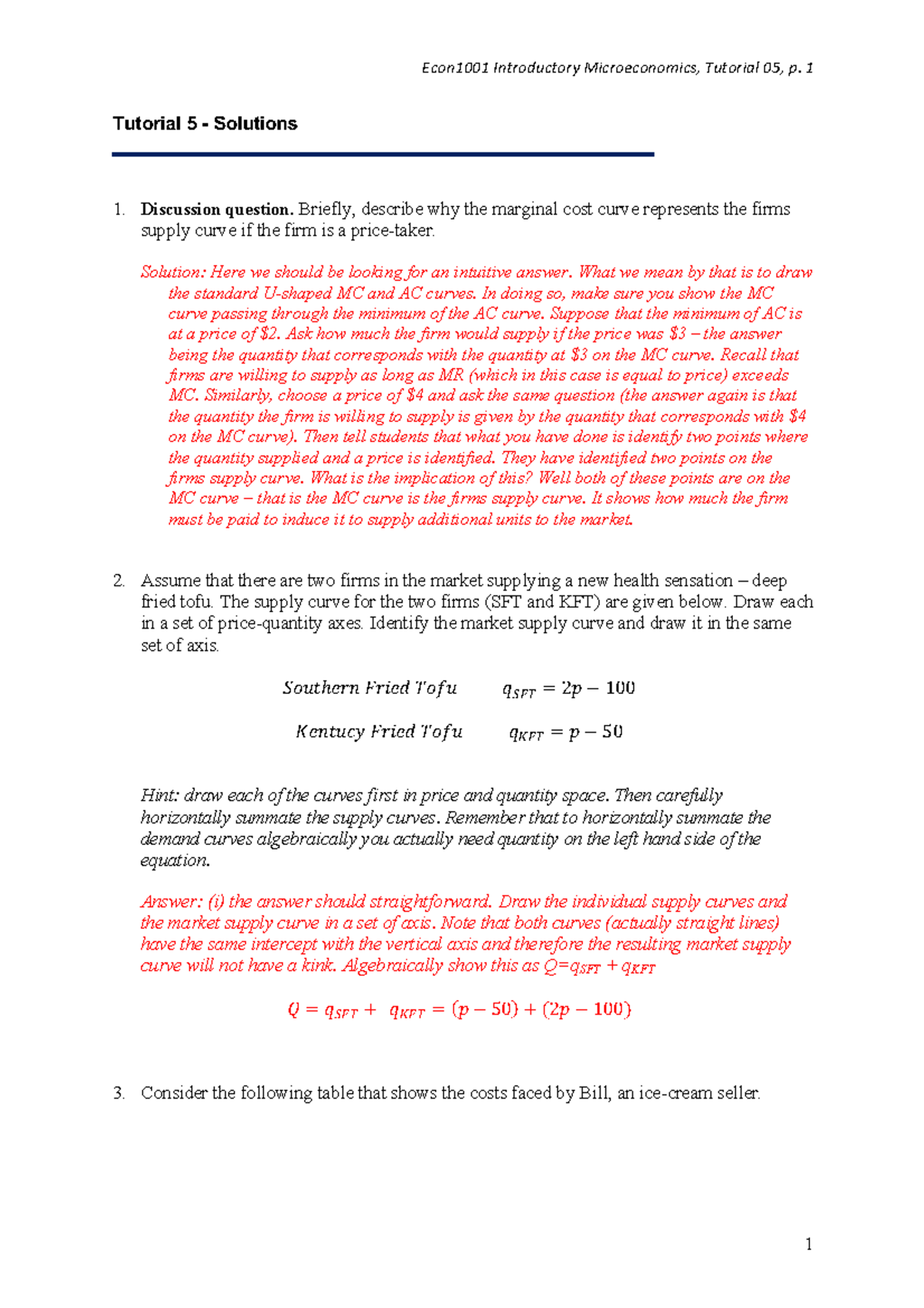 Econ1001 Tutorial 05 Solutions - Econ1001 Introductory Microeconomics, Tutorial 0 5 , p. 1 1 ...