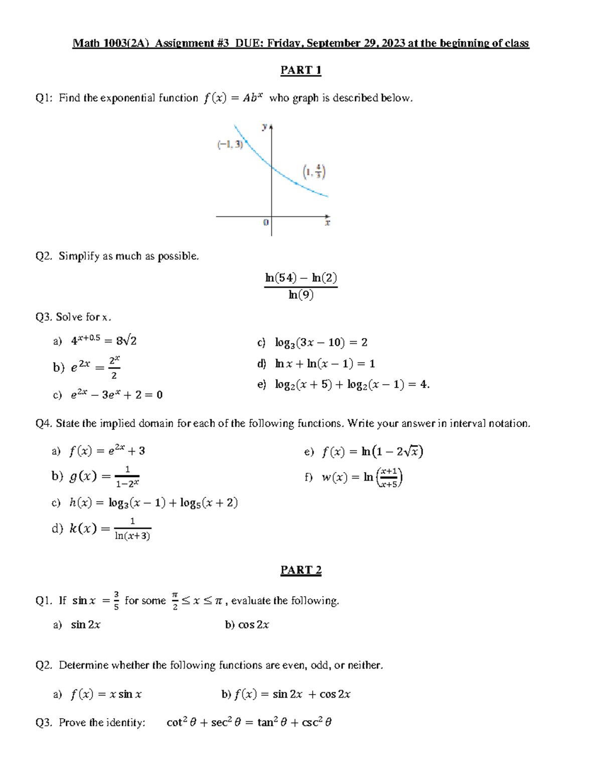 Assignment 3 Math 1003 FA2023 - Math 1003(2A) Assignment #3 DUE: Friday ...
