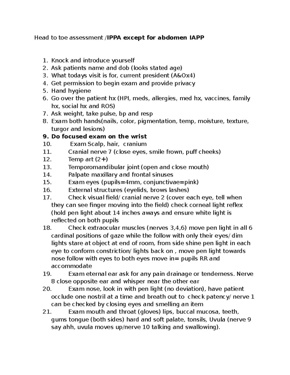 Head to toe assessment - work - Head to toe assessment /IPPA except for ...