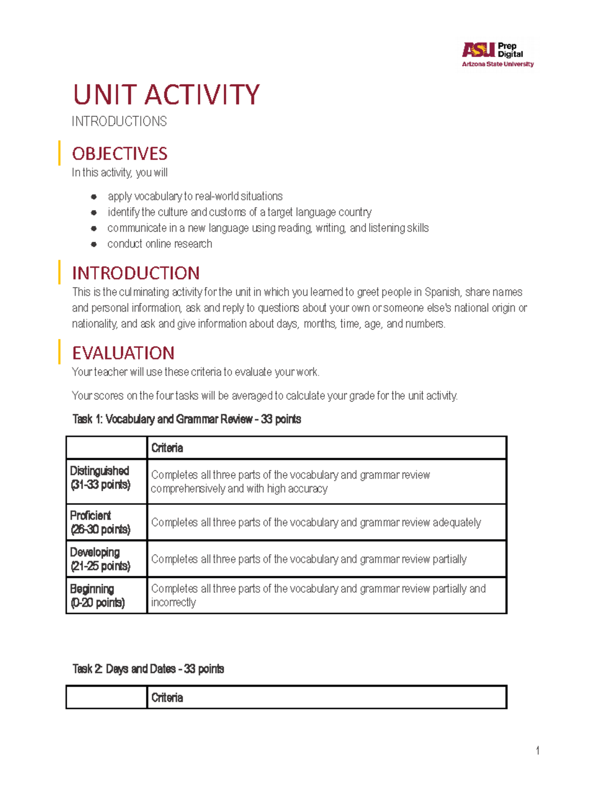 Copie de Spanish 1A U1 Unit Activity Introductions mersani - UNIT ...