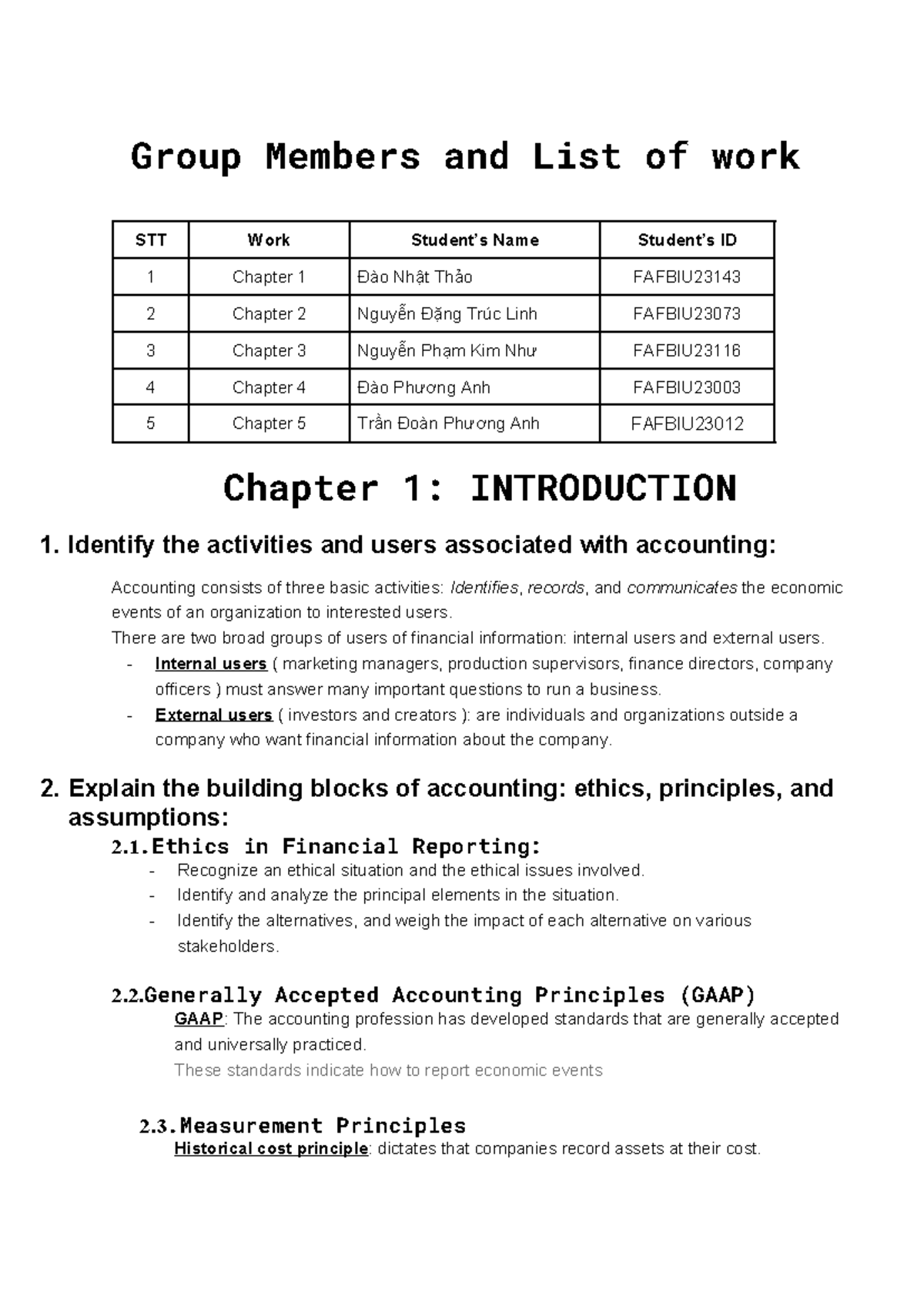 Summary Chapter 1 -5 - Group Members and List of work STT Work Student ...