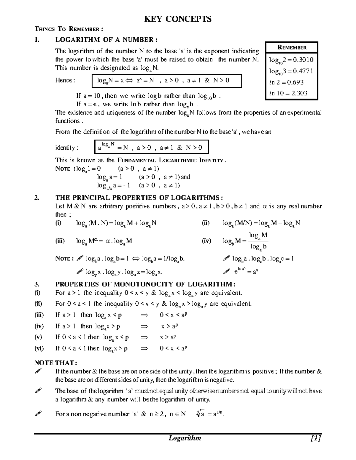 Logarithm - enjoy - KEY CONCEPTS ####### THINGS TO REMEMBER : ####### 1 ...