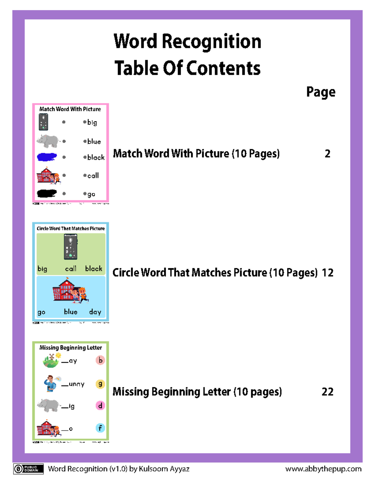 Word Recognition - Word Recognition Table Of Contents Page Match Word ...
