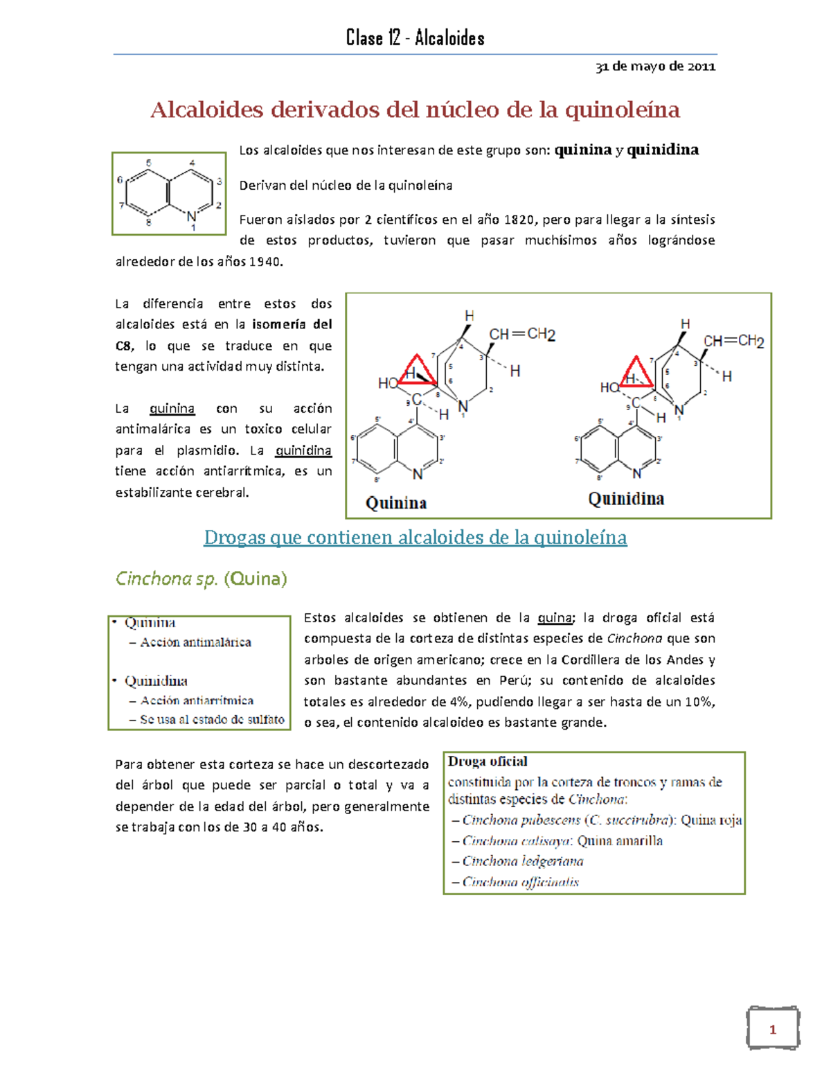Farmacognosia 12 - Alcaloides de quinoleina, tropolona, tropano, opio ...