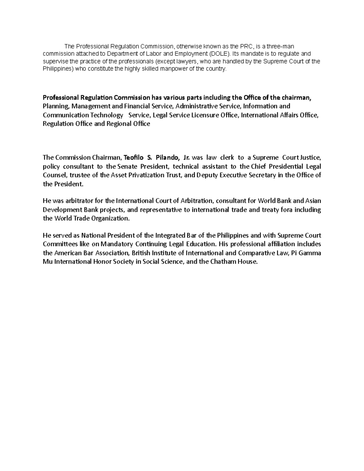 The Professional Regulation Commission - Its mandate is to regulate and ...