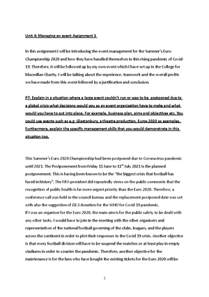 Unit 4- Assingment 1 managing and event - Unit 4: Managing an event Explore the role of an even ...