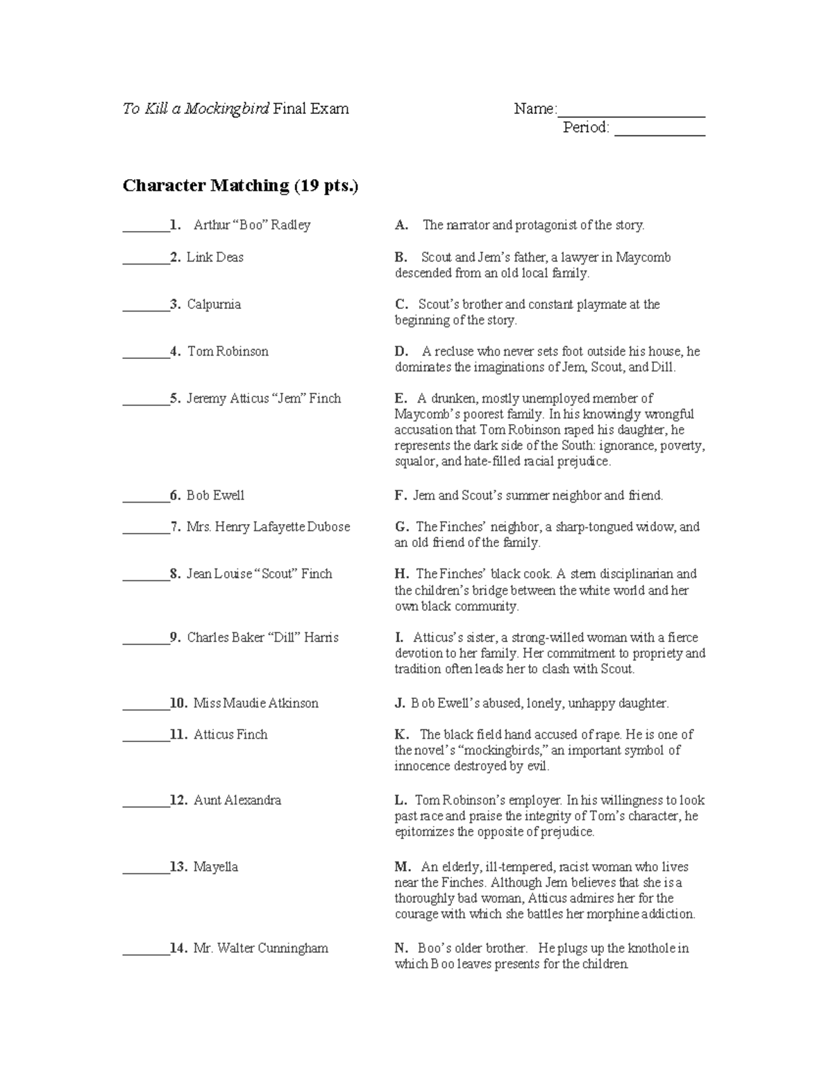 9th grade- to kill a mockingbird- final exam - To Kill a Mockingbird ...