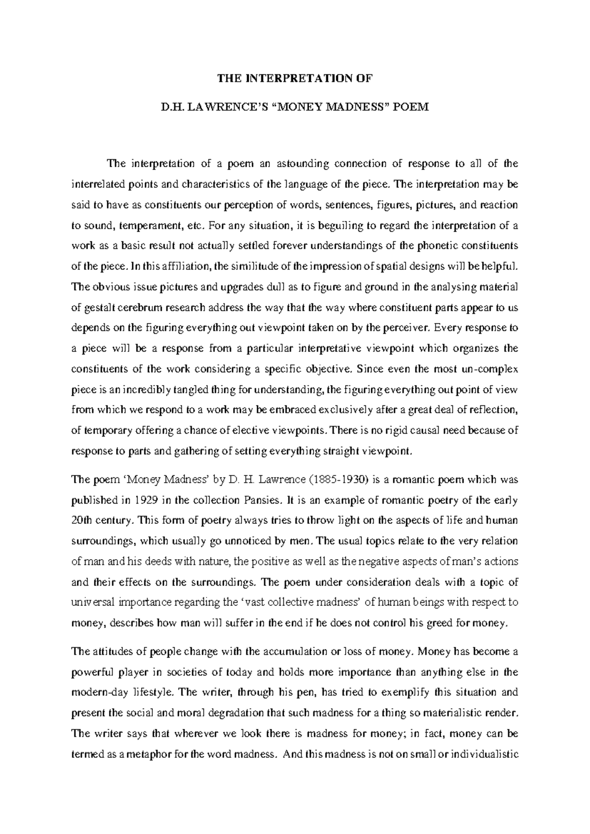 THE Interpretation OF D.H. Lawrence’S “ Money Madness” POEM - THE ...