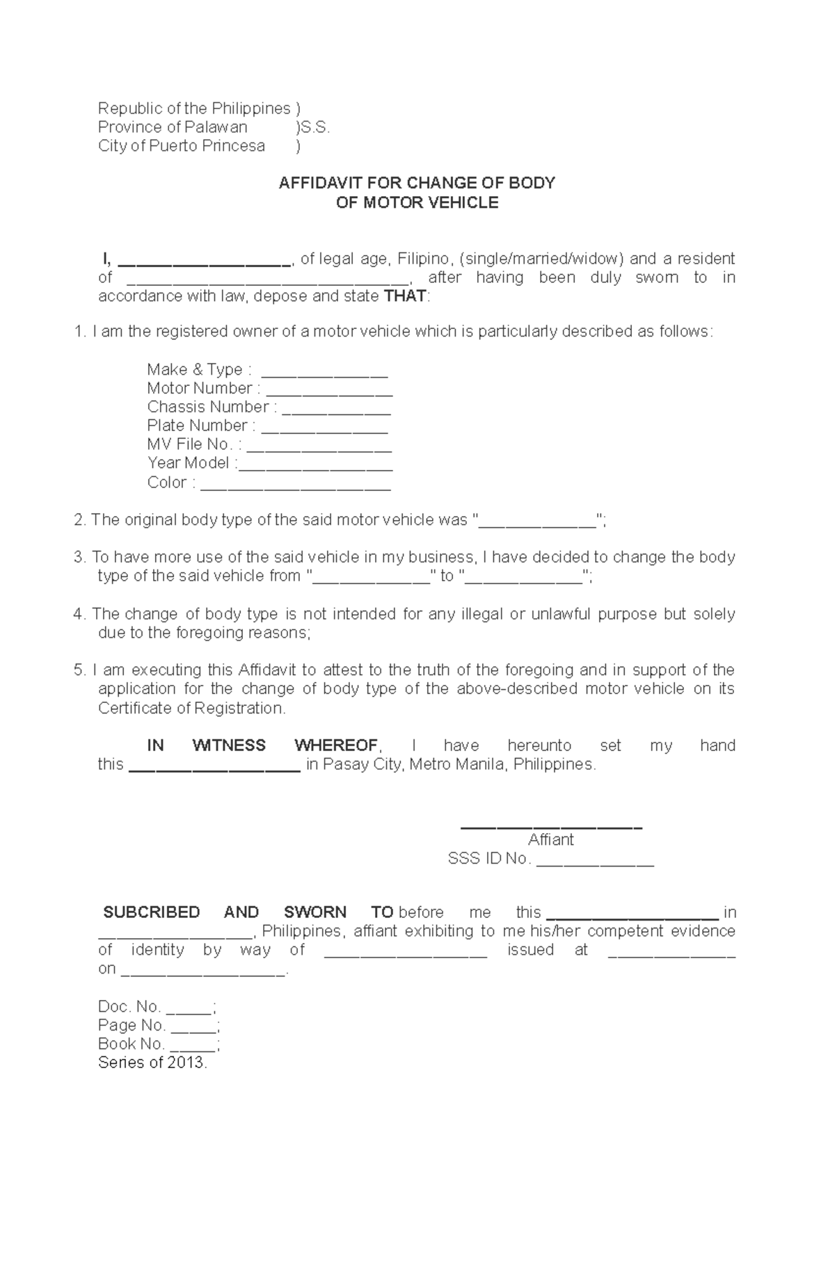 Affidavit FOR Change OF BODY TYPE OF Motor Vehicle - Republic of the ...