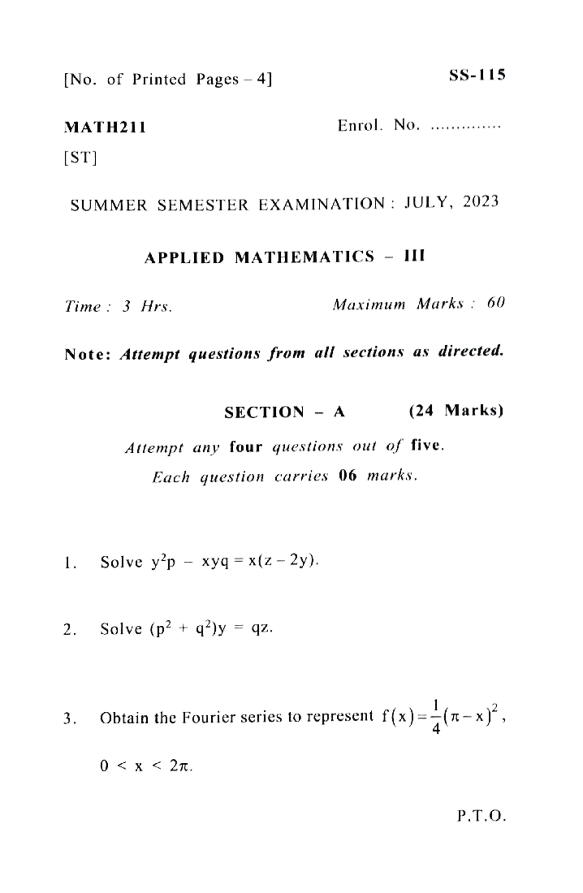 Math 211 - AM-3 PYQ Amity University MATH211 - ####### [No. of Printed ...