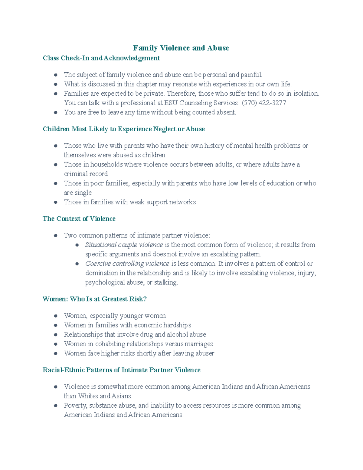 SOC 231 Chapter 12 Notes - Family Violence and Abuse Class Check-In and ...