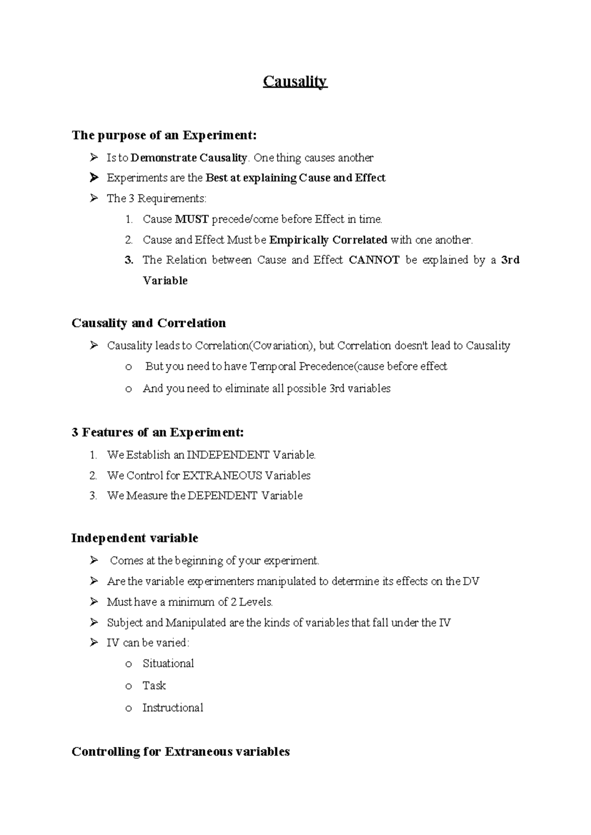 PSY3007S Quantitative Notes - Causality The purpose of an Experiment ...
